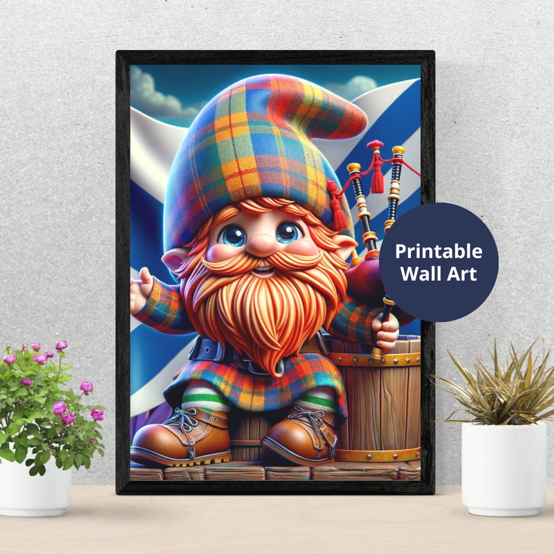 Printable Scottish Gnome Poster | Whimsical Cartoon Gnome With Saltire ...