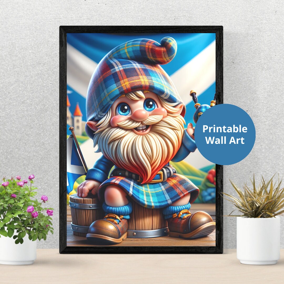 Printable Scottish Gnome Poster | Whimsical Cartoon Gnome With Saltire ...