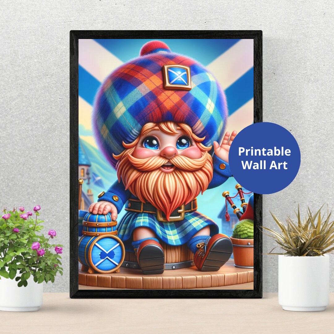 Printable Scottish Gnome Poster | Whimsical Cartoon Gnome With Saltire ...