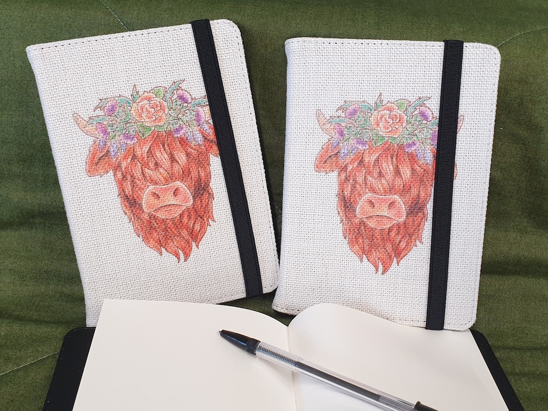 A6 Linen Highland Cow Notebook, 60 Sheets of Unlined Paper, Cow ...