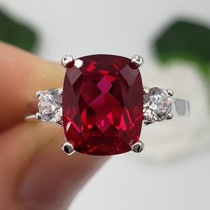 10x8mm Lab Ruby Elongated Cushion Cut, Trellis Three Stone Ring ...