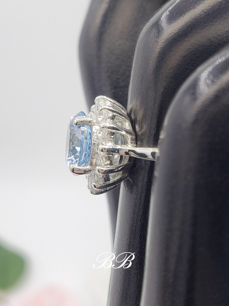 8mm Very Light Blue Portuguese Cut Halo Ring, 5A Quality Cubic Zirconia ...