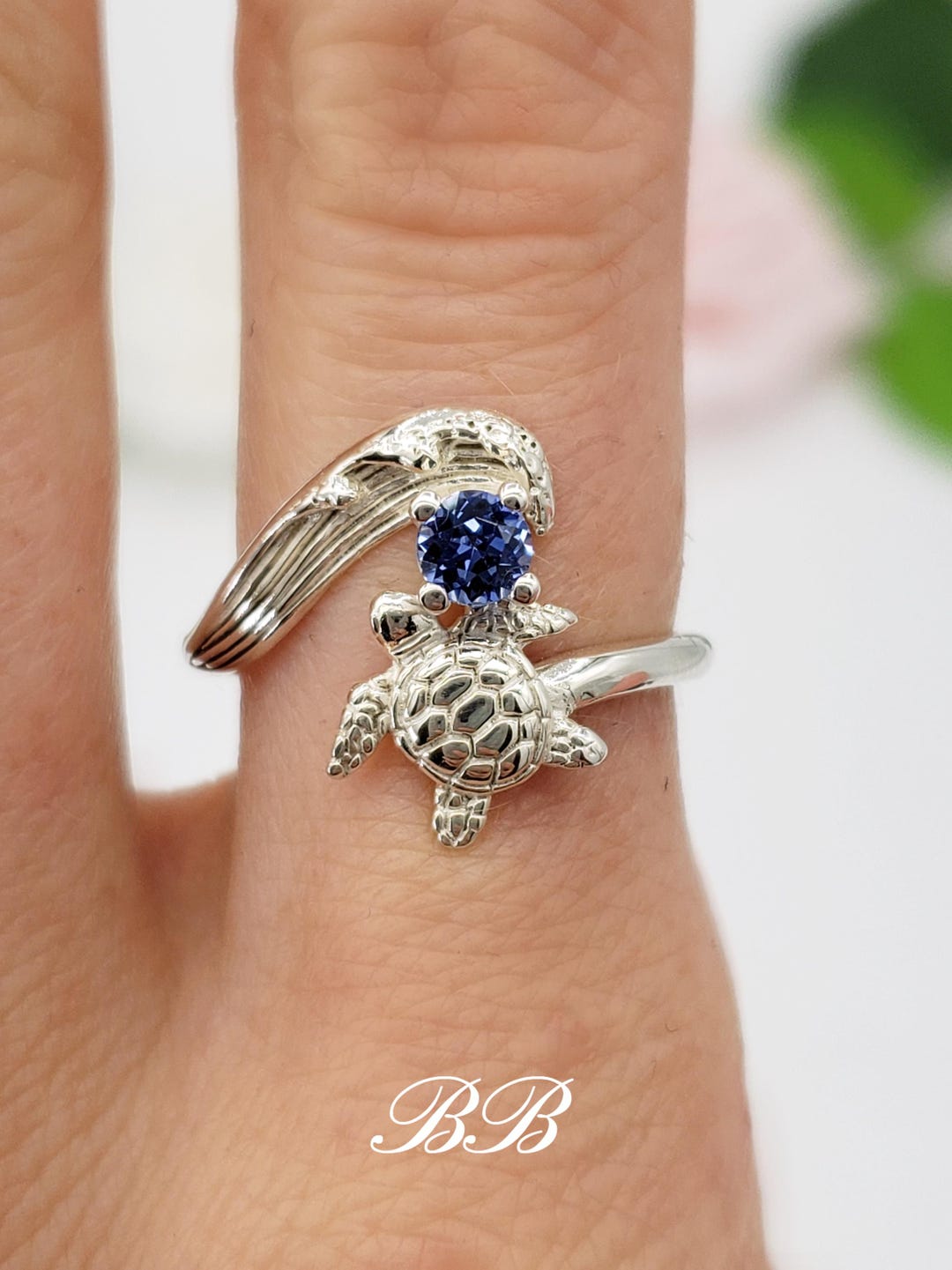 Ships Now - Ring Size 7, Sea Turtle Ocean Themed Ring, 4mm Lab Ceylon Sapphire, Jewelry Gift - Etsy