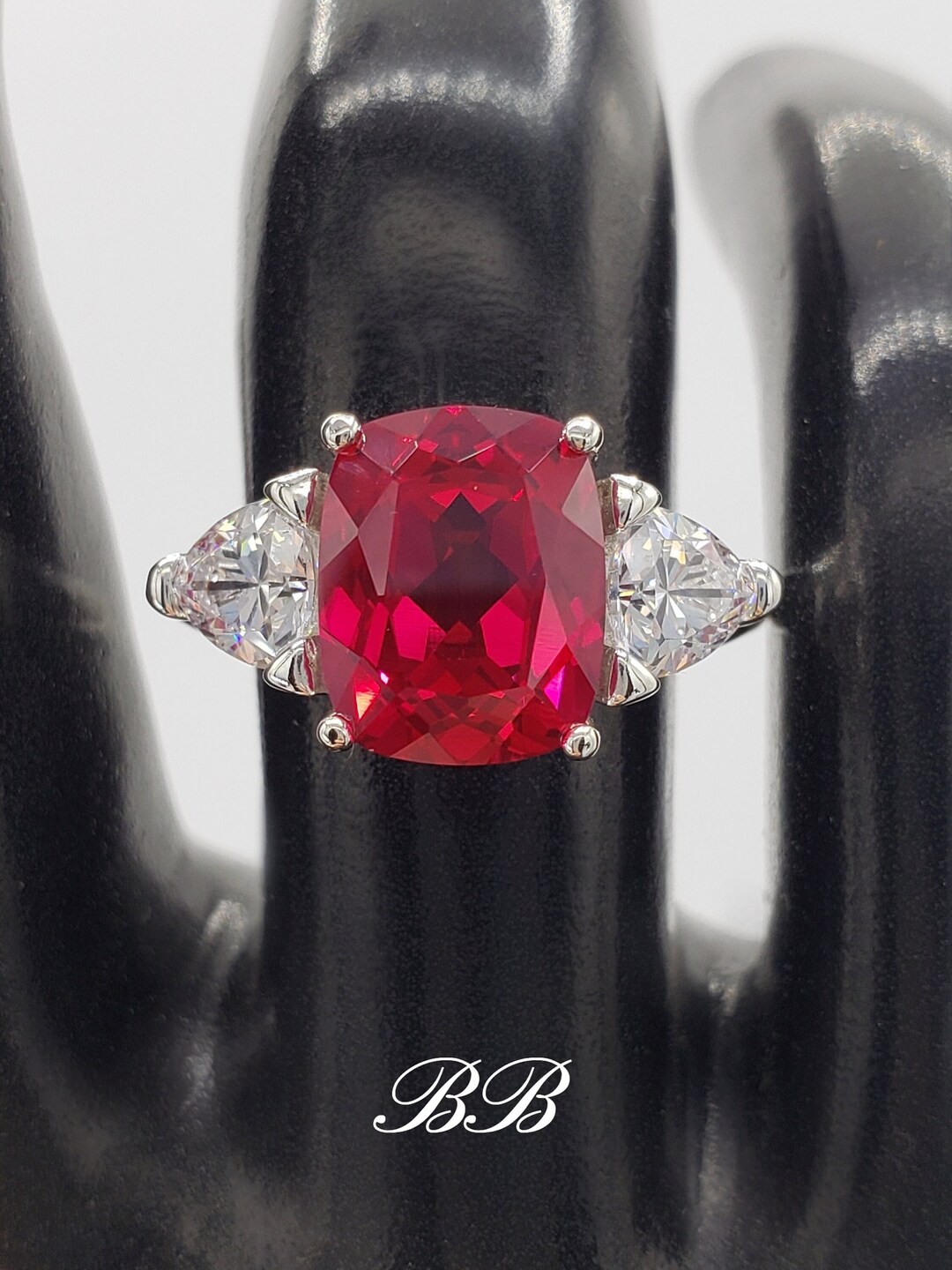 8x6mm - 11x9mm Lab-created Red Ruby Cushion Cut, Three Stone Ring ...