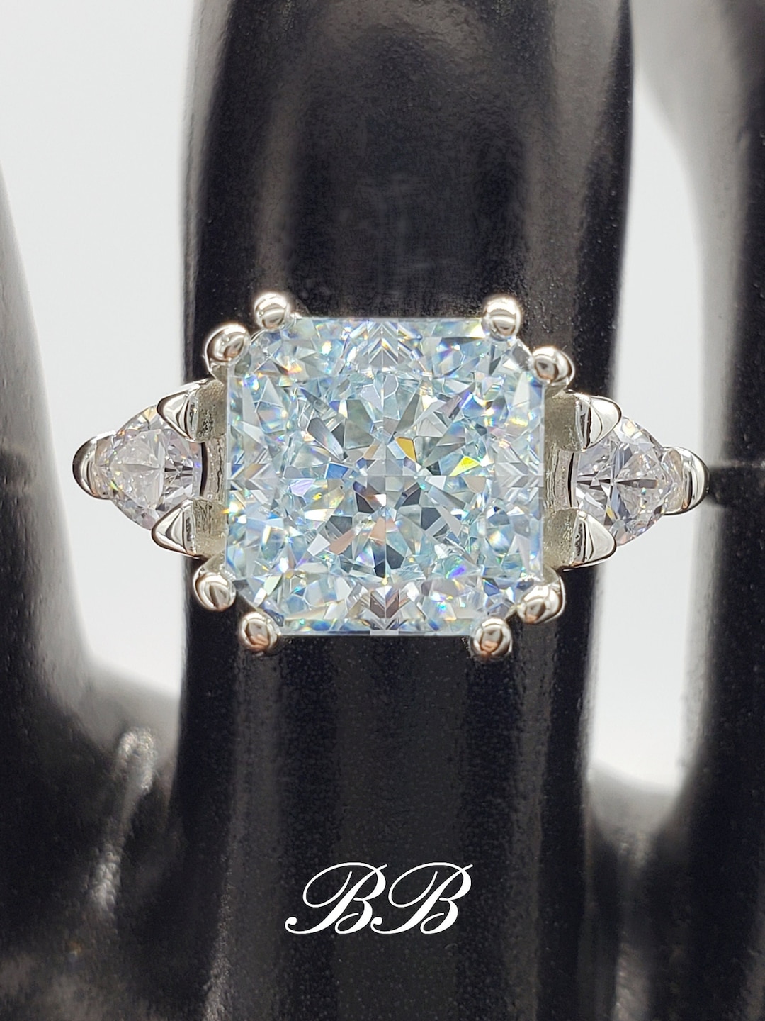 8mm Ice Blue Crushed Ice Radiant Cut, Three Stone Ring, 5A Quality ...