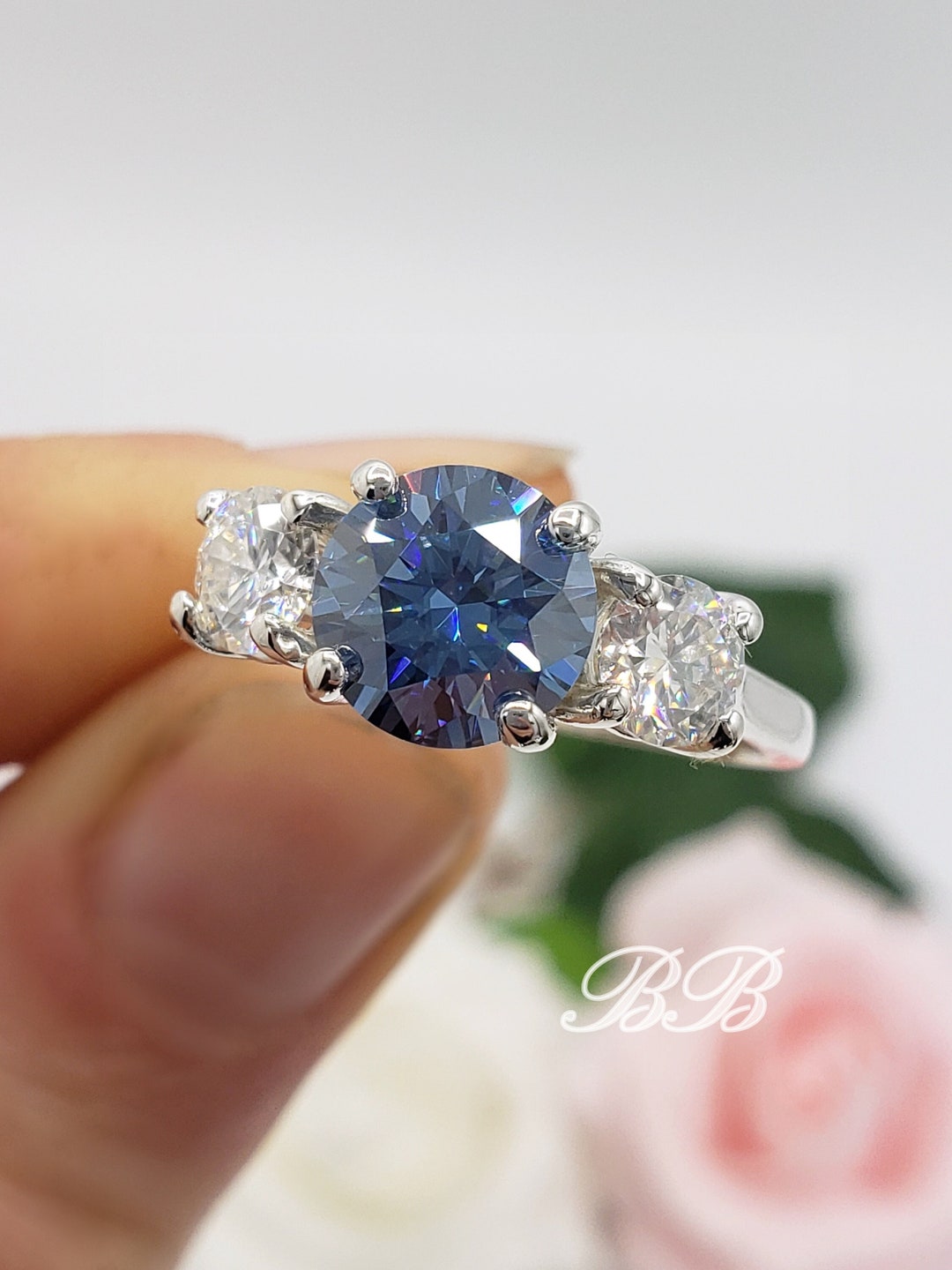 8MM Dark Blue Moissanite, Three Stone Engagement Wedding Anniversary ...