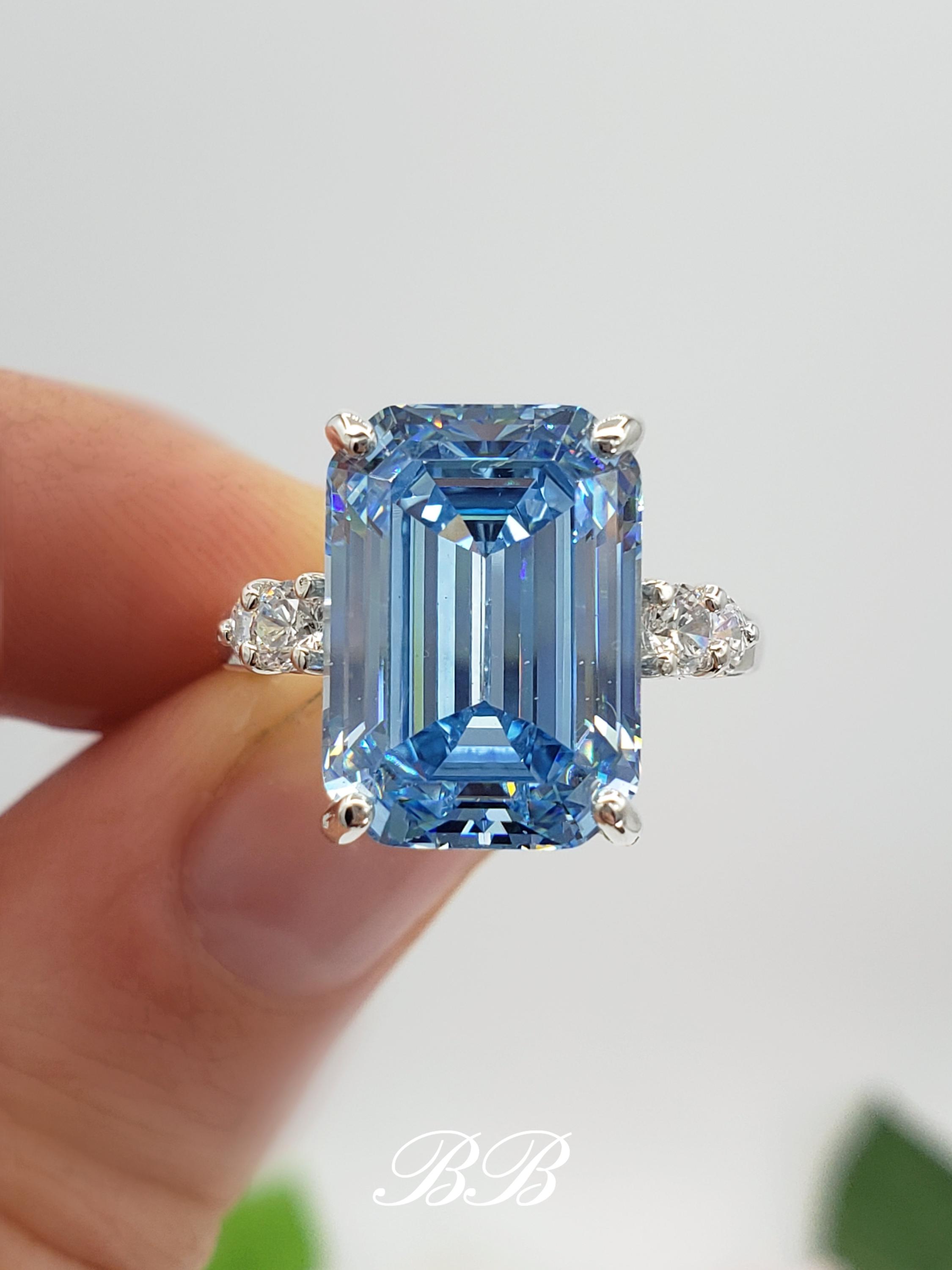 14x10mm Blue Elongated Asscher Cut CZ, Multi-stone Engagement Wedding ...