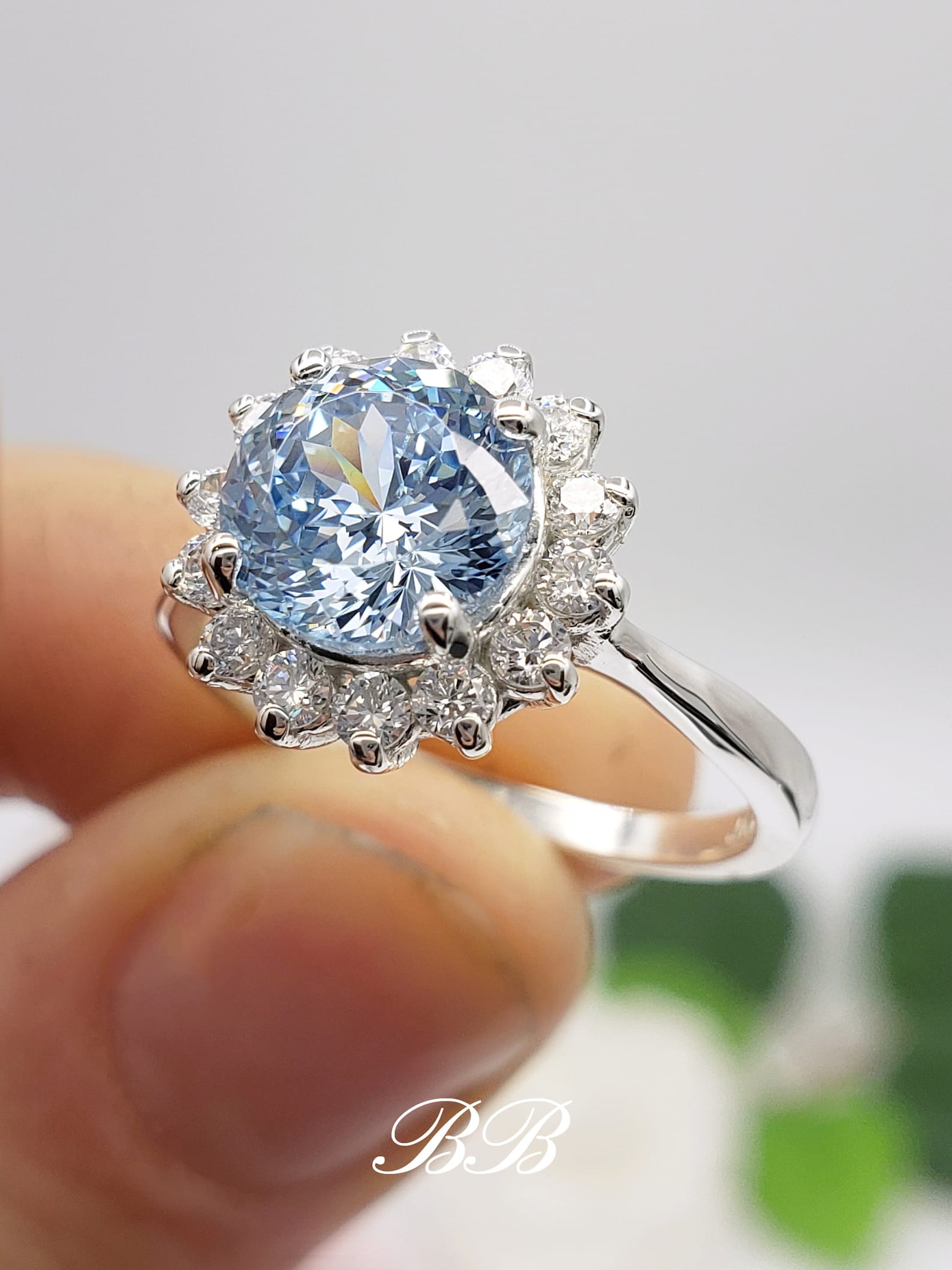 8mm Very Light Blue Portuguese Cut Halo Ring, 5A Quality Cubic Zirconia ...