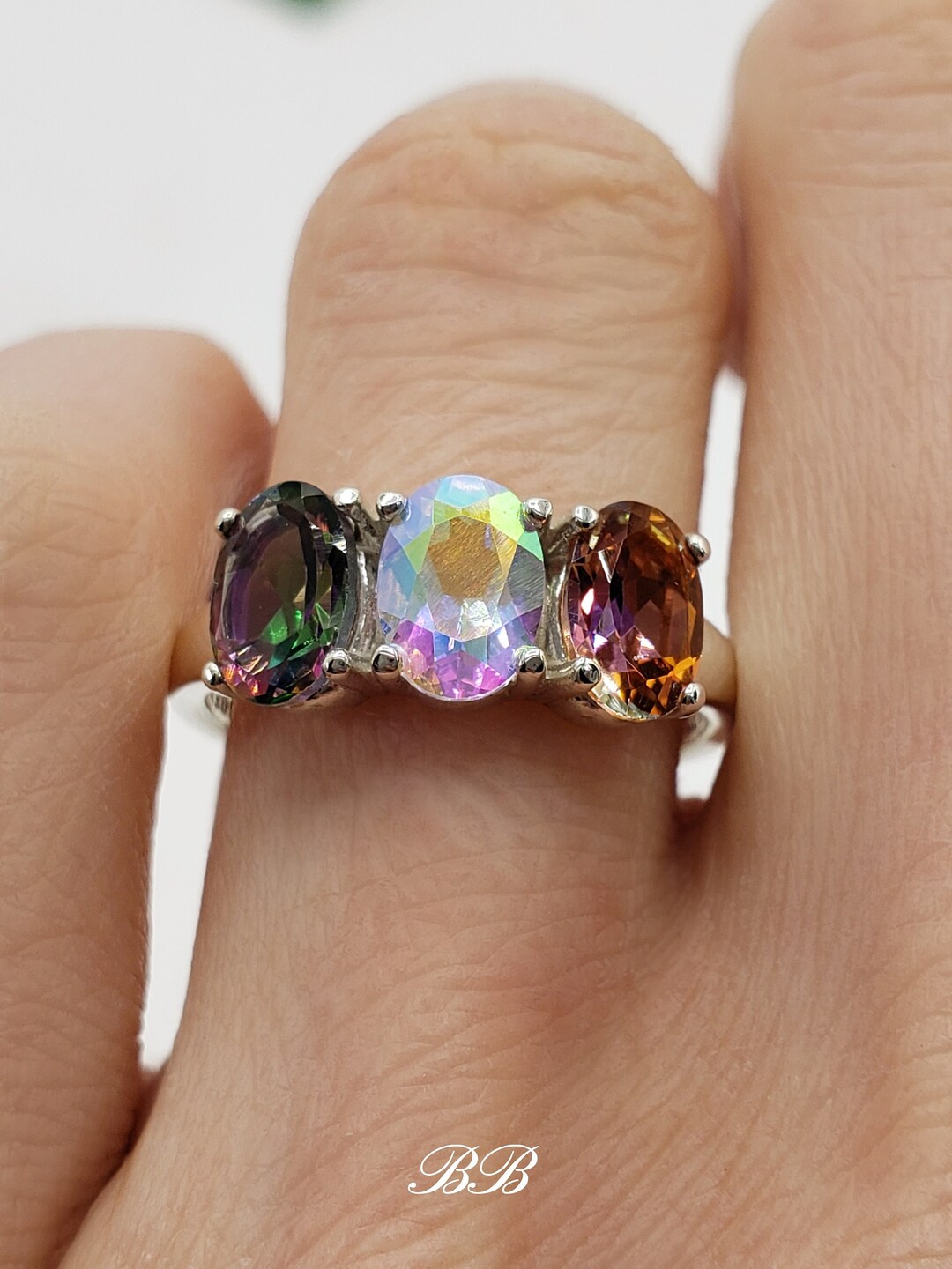 Mystic Topaz Trio Ring, Three Stone Gemstone Statement Ring, Your ...