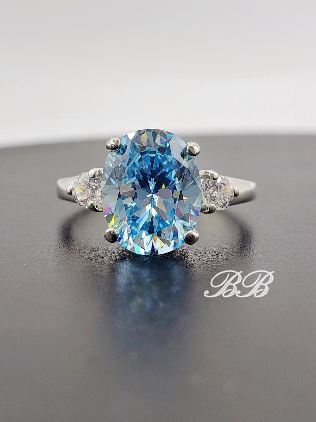 10x8mm or 12x10mm Oval Light Blue CZ Three Stone Engagement Ring, 5A ...