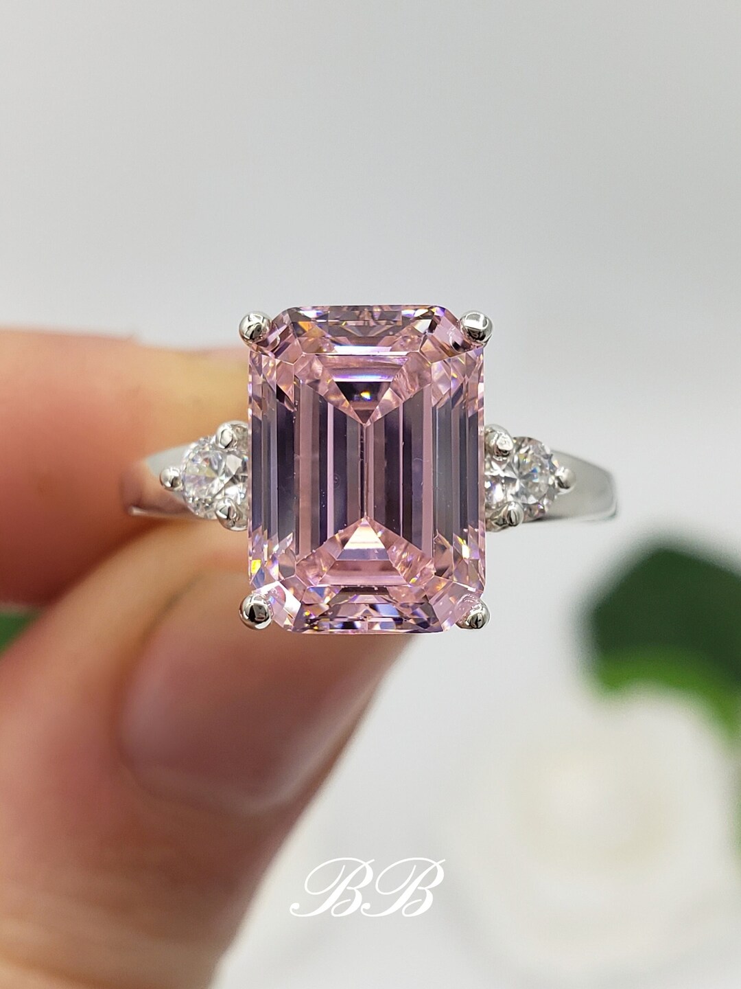11x8mm Pink Elongated Asscher Cut CZ, Three Stone Engagement Wedding ...