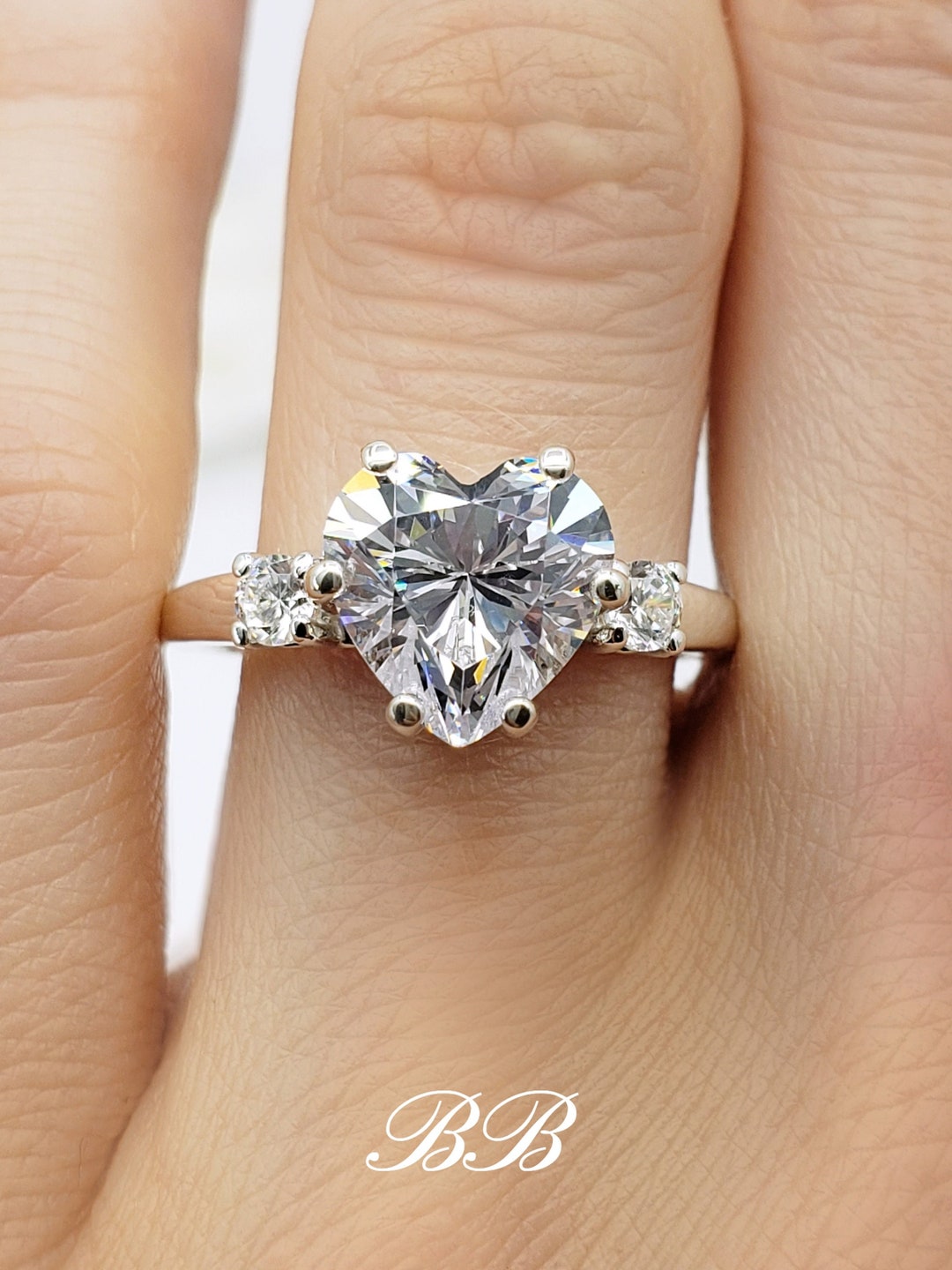 8mm - 10mm Heart Cut, Three Stone Engagement Wedding Ring, 6A Quality ...