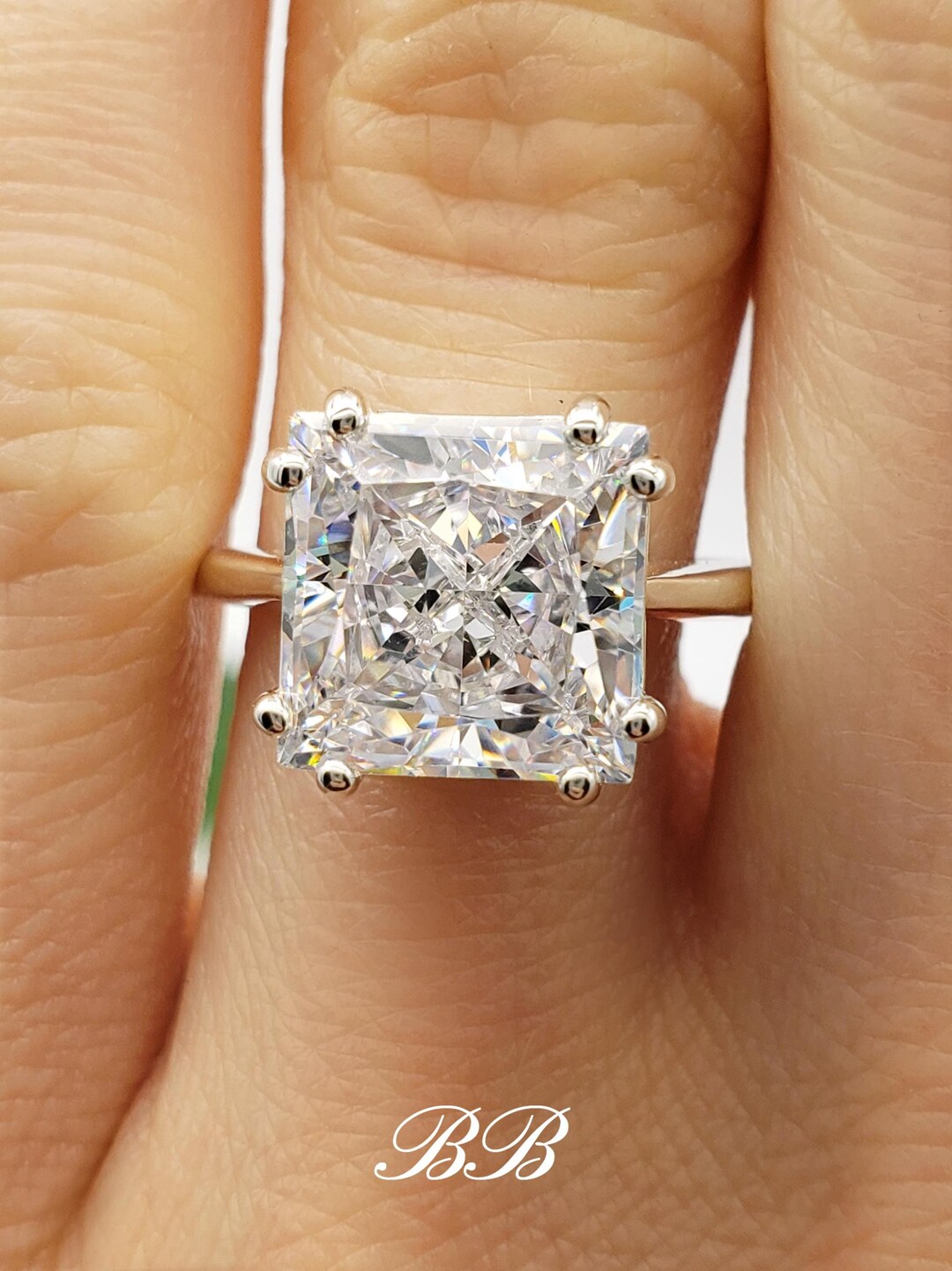 10mm White Crushed Ice Princess Square Cut, 8-prong Solitaire Statement ...