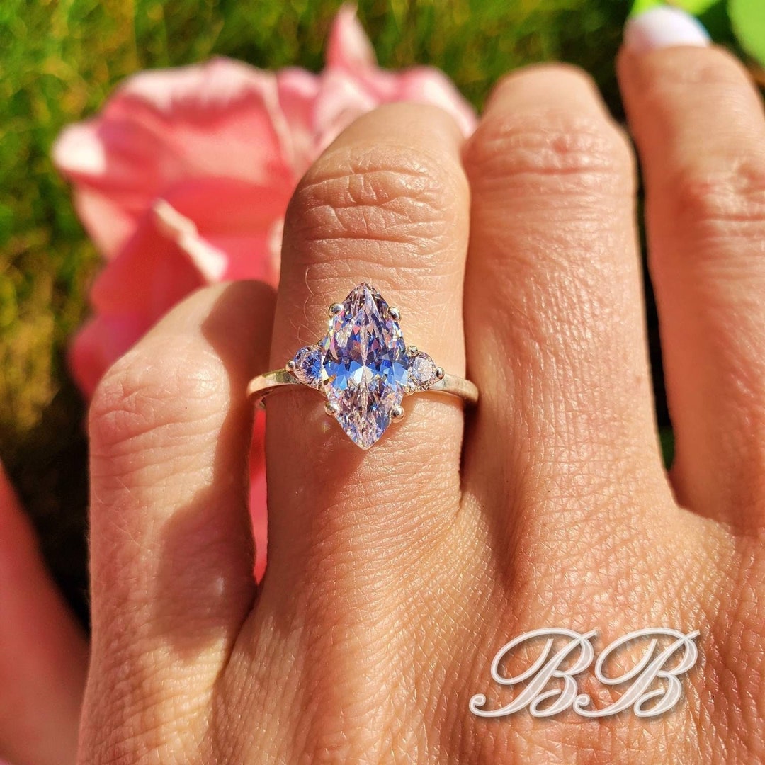 10x5mm - 16x8mm Marquise Round Accented Three Stone Engagement Ring, 6A ...