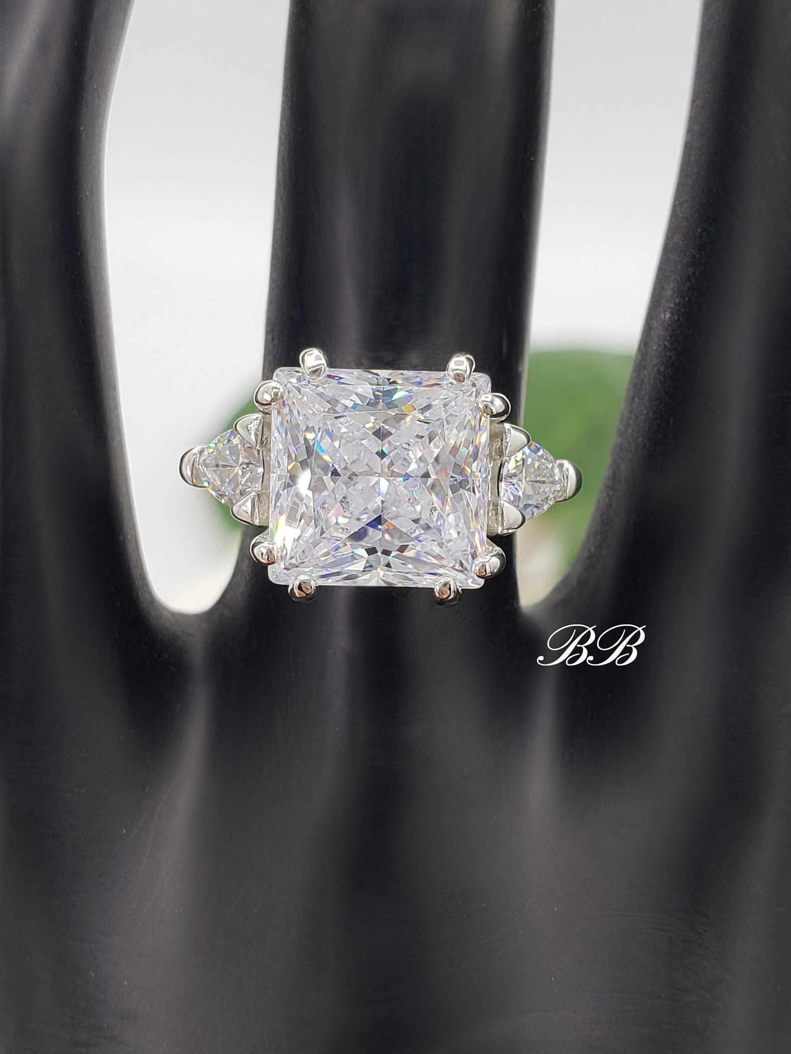 8mm - 10mm Princess Cut CZ, Trillion Accented, Three Stone Ring, 6A ...