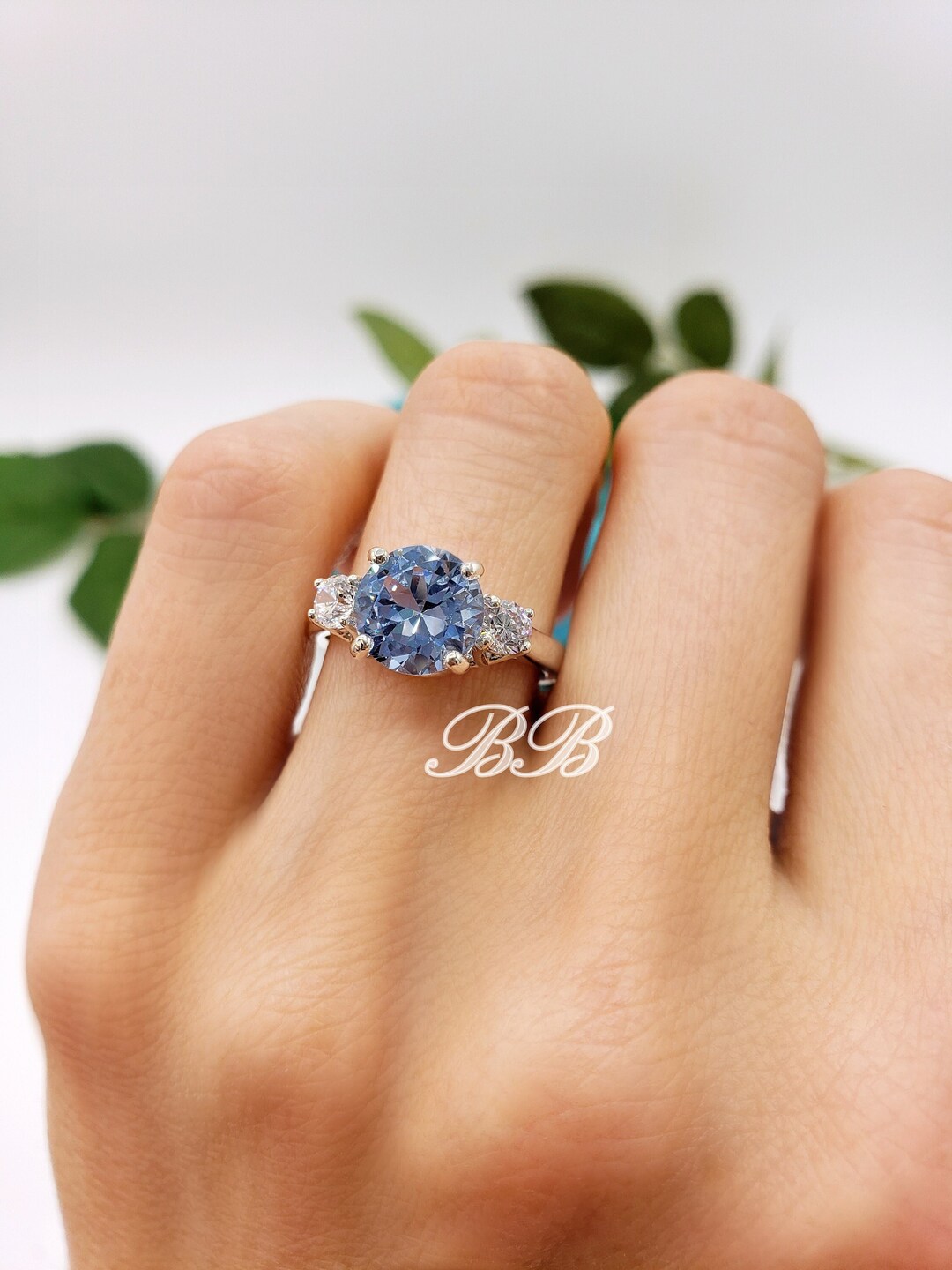 8mm Lab Created Light Blue Spinel Round Cut, Three Stone Trellis Ring ...