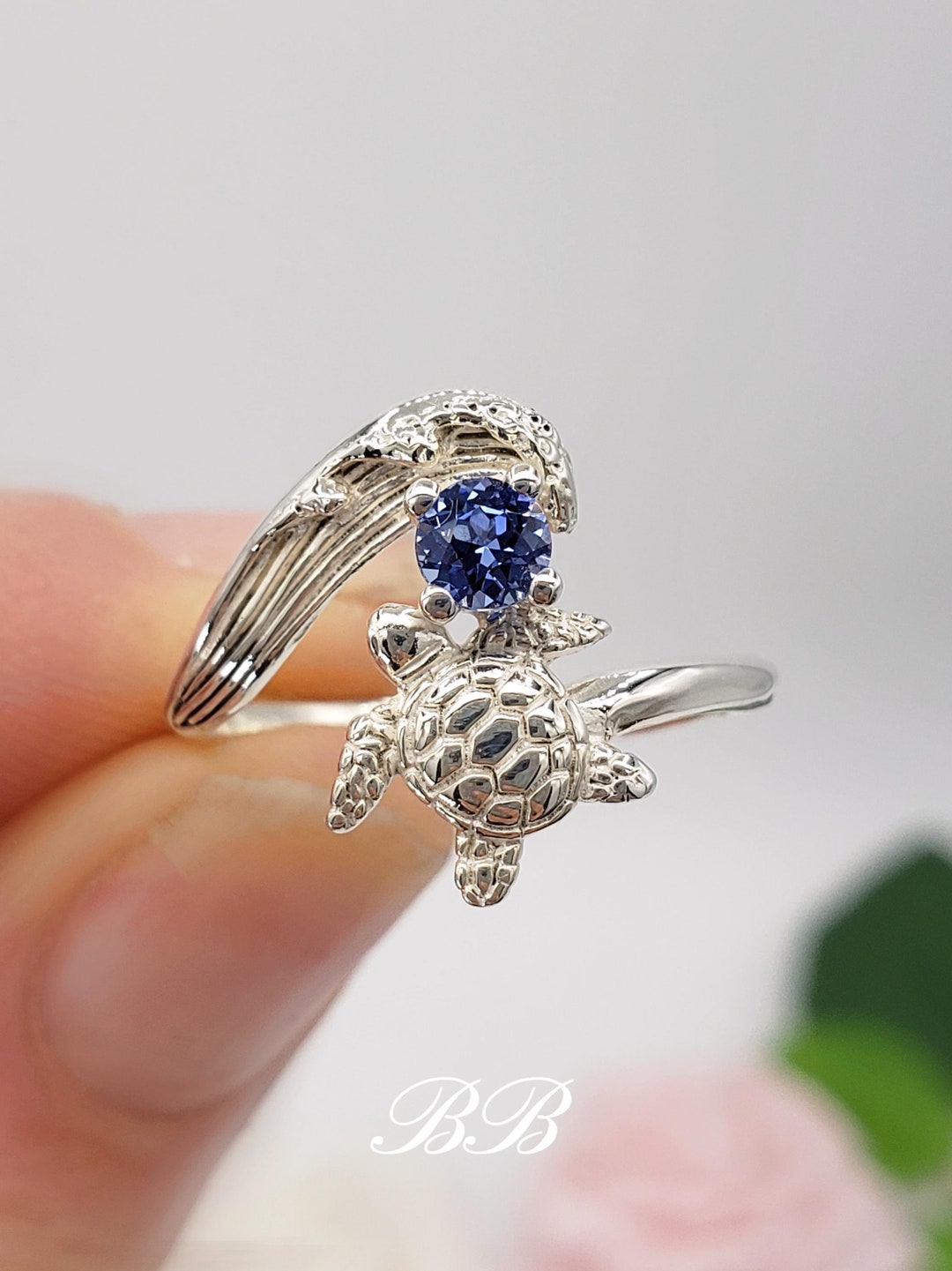 Ships Now Ring Size 7, Sea Turtle Ocean Themed Ring, 4mm Lab Ceylon Sapphire, Jewelry Gift - Etsy