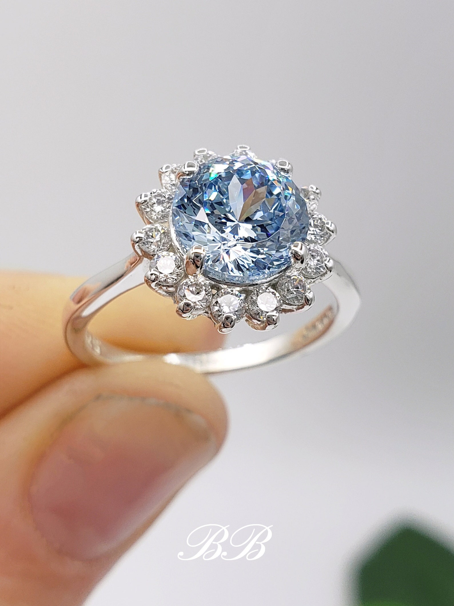 8mm Very Light Blue Portuguese Cut Halo Ring, 5A Quality Cubic Zirconia ...