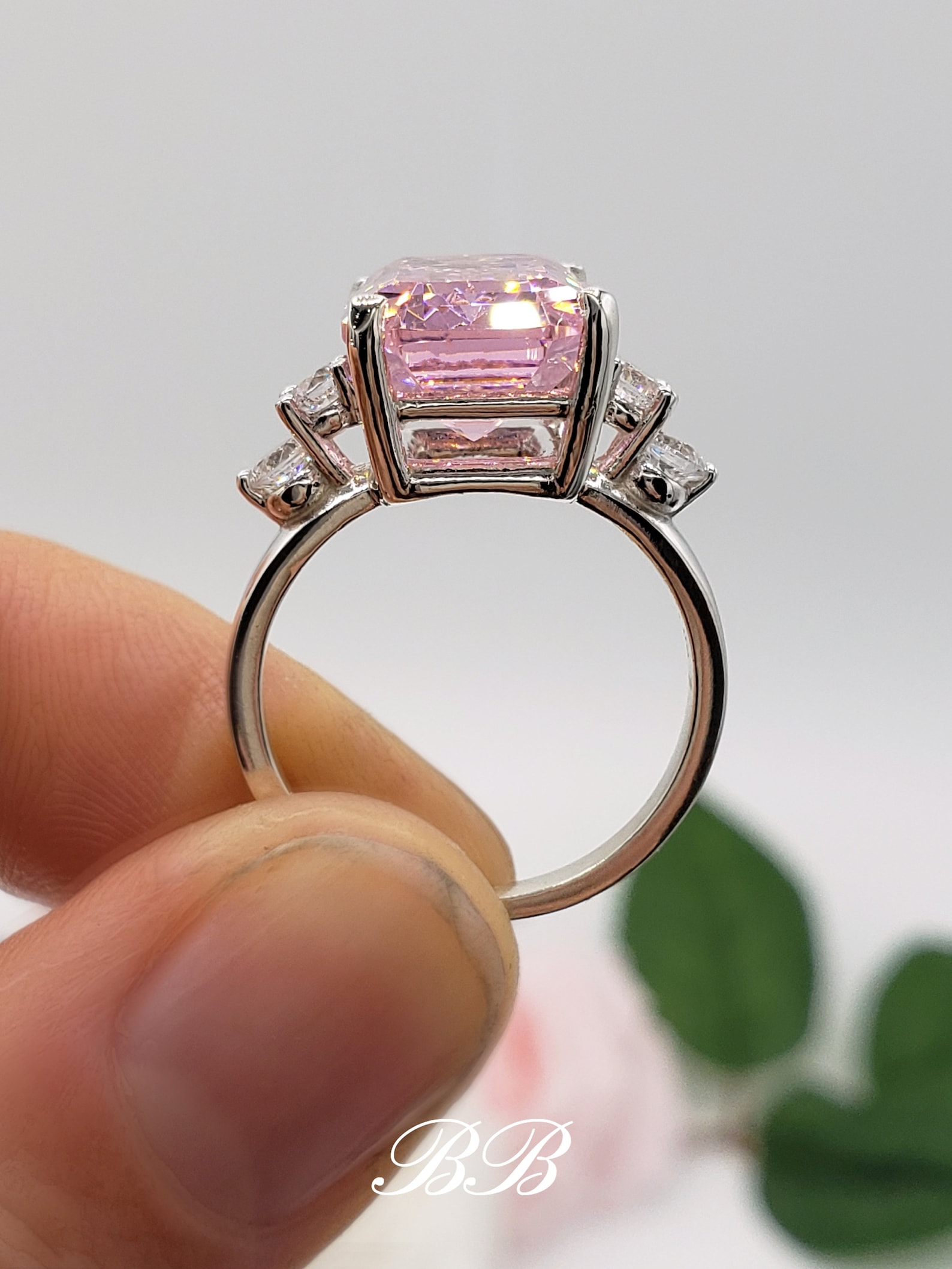 14x10mm Pink Elongated Asscher Cut CZ, Multi-stone Engagement Wedding ...
