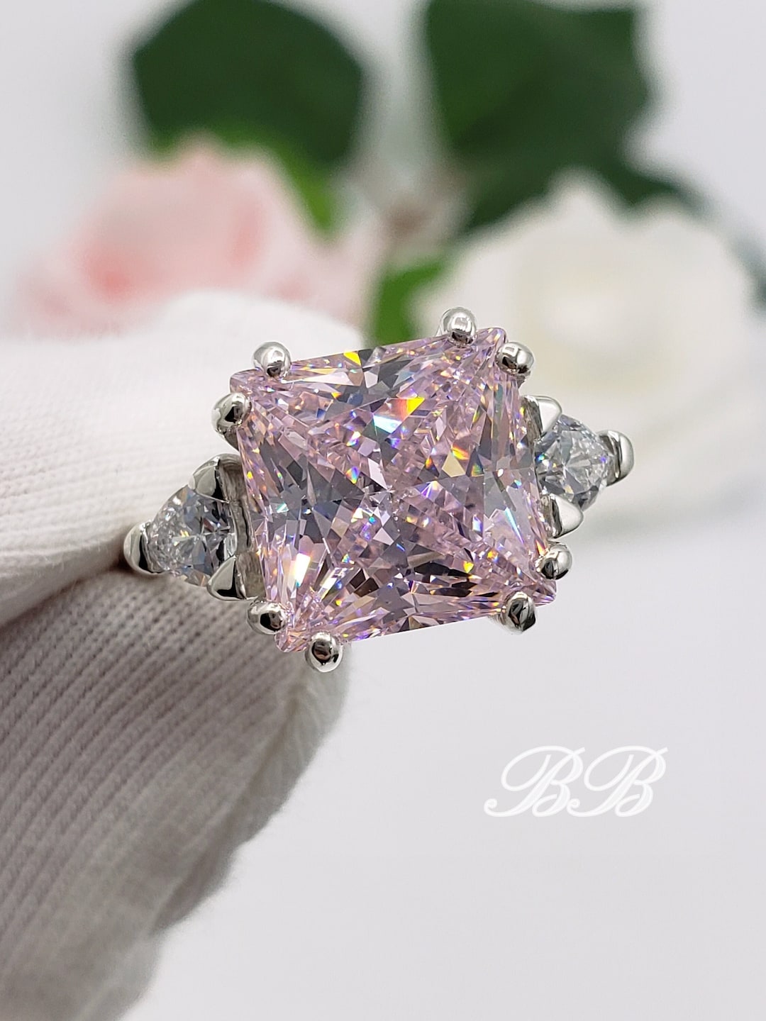 8mm - 10mm Light Pink Princess Cut CZ, Trillion Accented, Three Stone ...