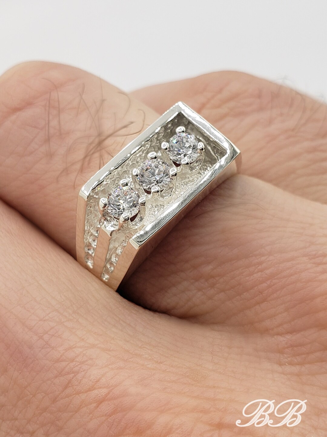 3.5MM Round Cut Mens Three Stone Band Asymmetrical Statement - Etsy