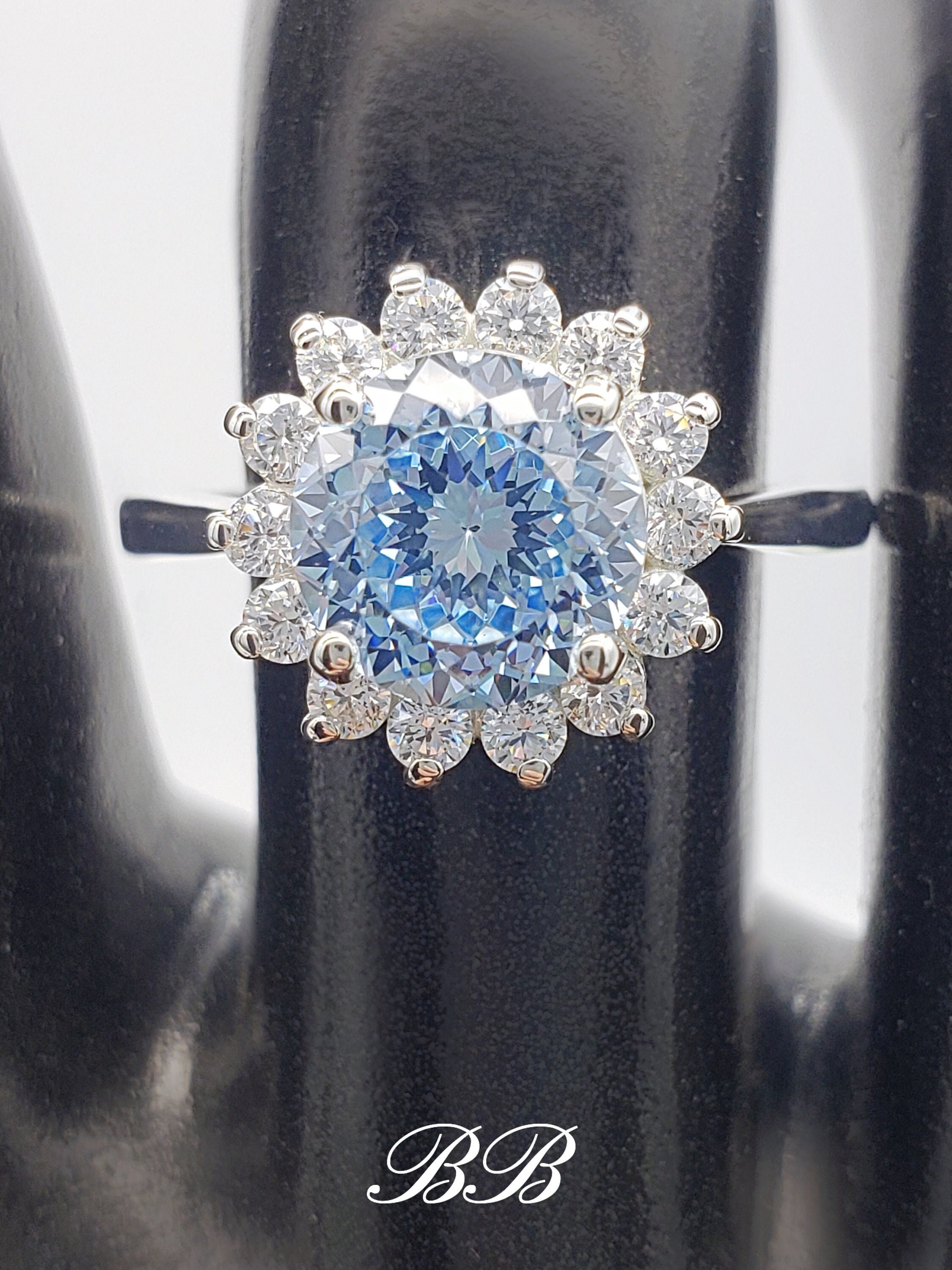 8mm Very Light Blue Portuguese Cut Halo Ring, 5A Quality Cubic Zirconia ...