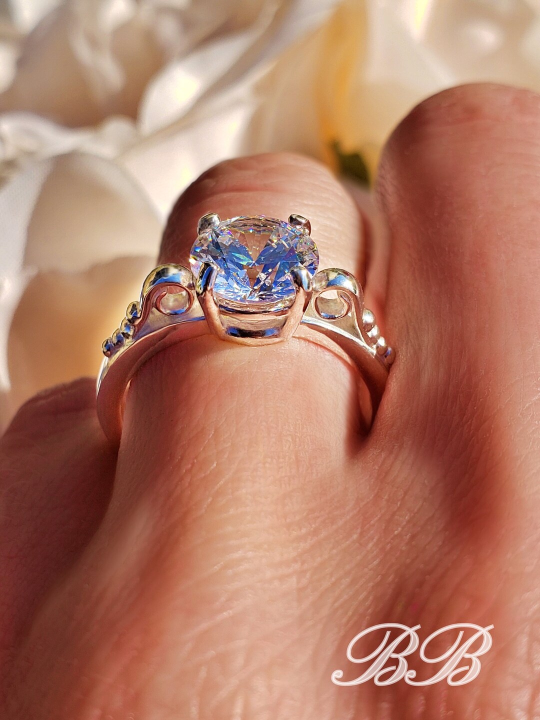 6MM-10MM Round Scroll Design Solitaire High Profile Engagement Wedding ...