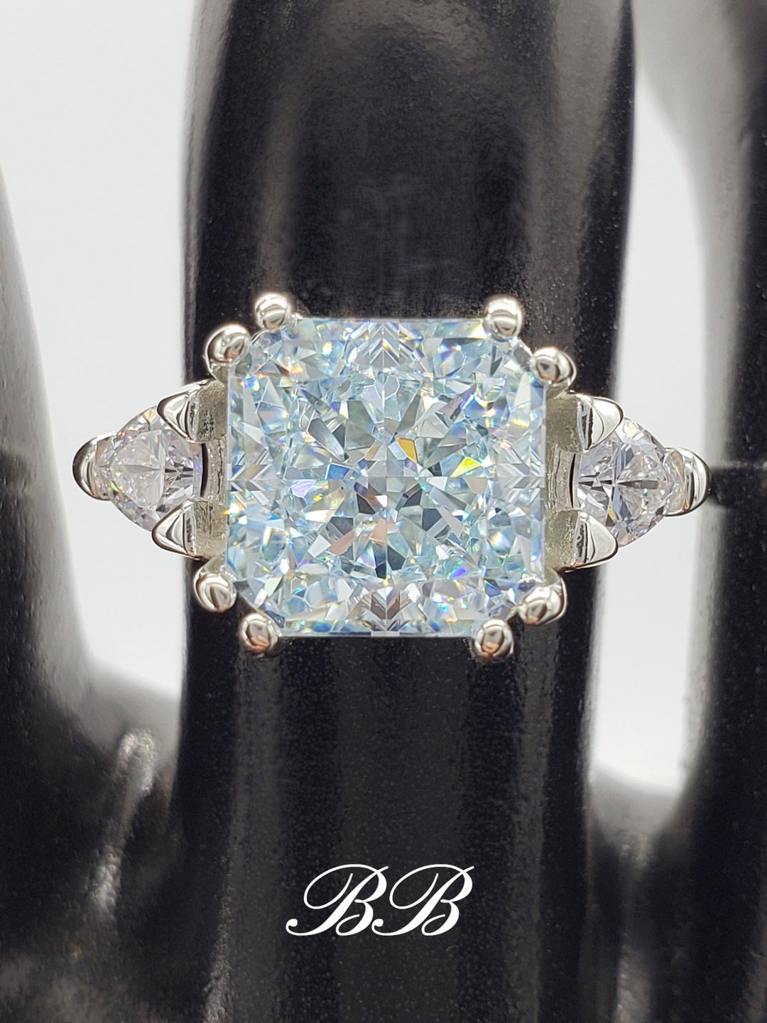 8mm Ice Blue Crushed Ice Radiant Cut, Three Stone Ring, 5A Quality ...