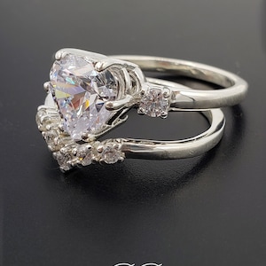 8mm - 10mm Heart Cut, Three Stone, Wedding Ring Set, V Contour Band, 6A ...