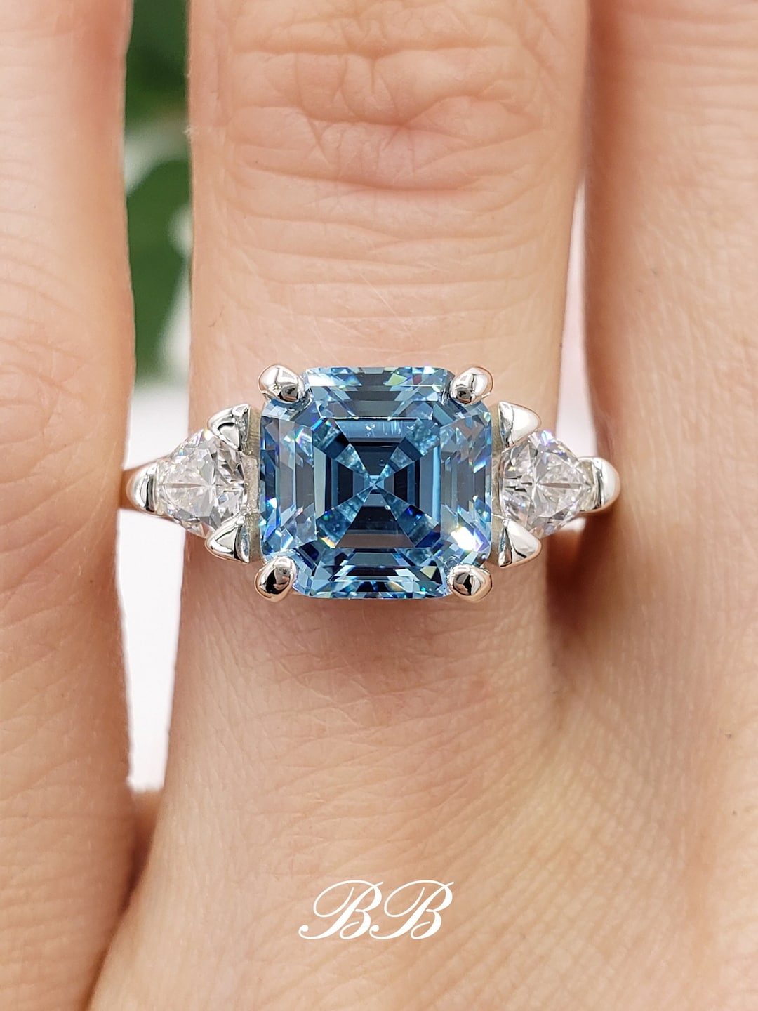 8mm Blue Asscher Cut CZ, Three Stone Statement Ring, 5A Quality Cubic ...