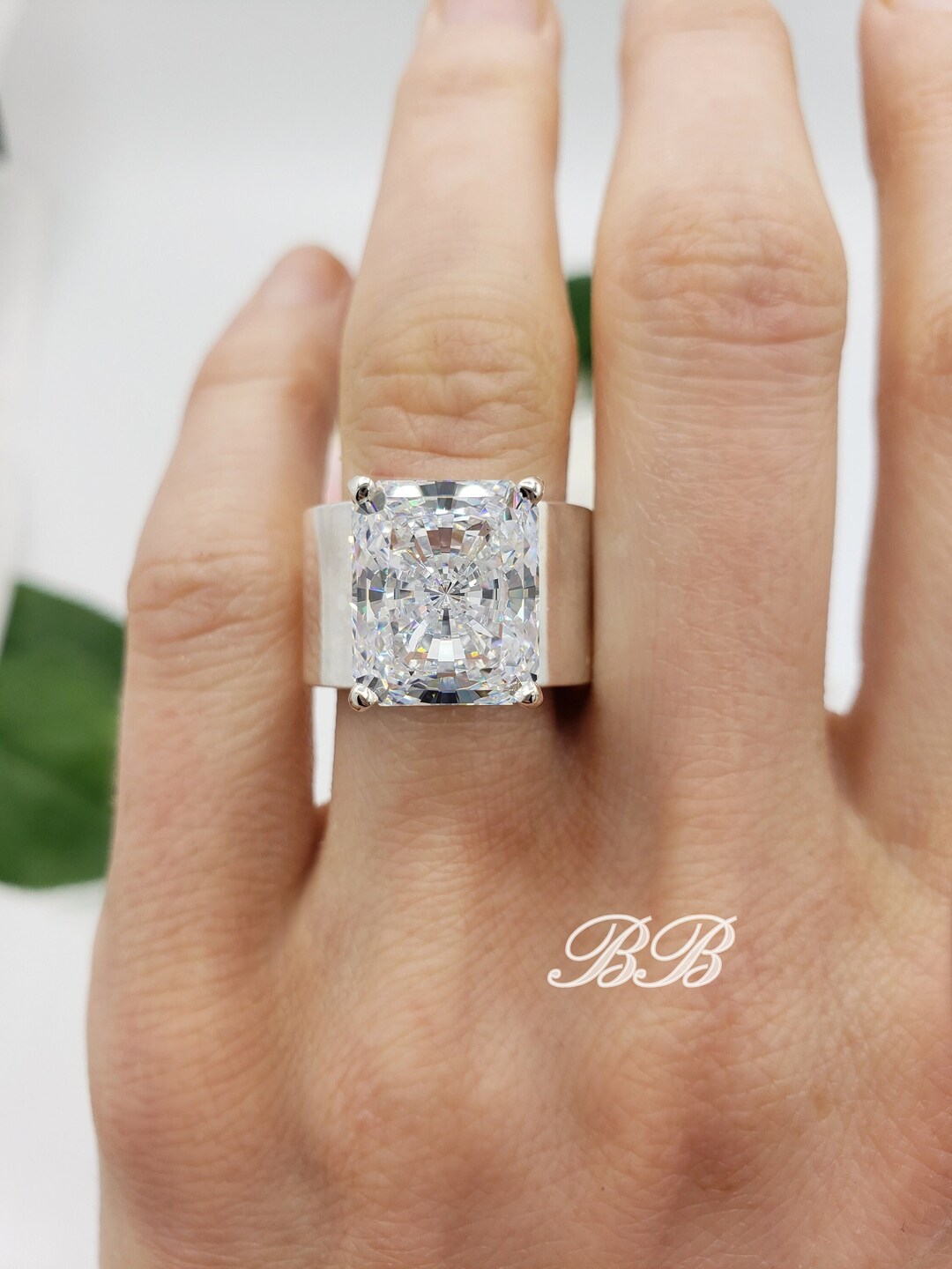 12x10mm Brilliant Radiant Cut, 12mm Wide Band Solitaire, Engagement ...