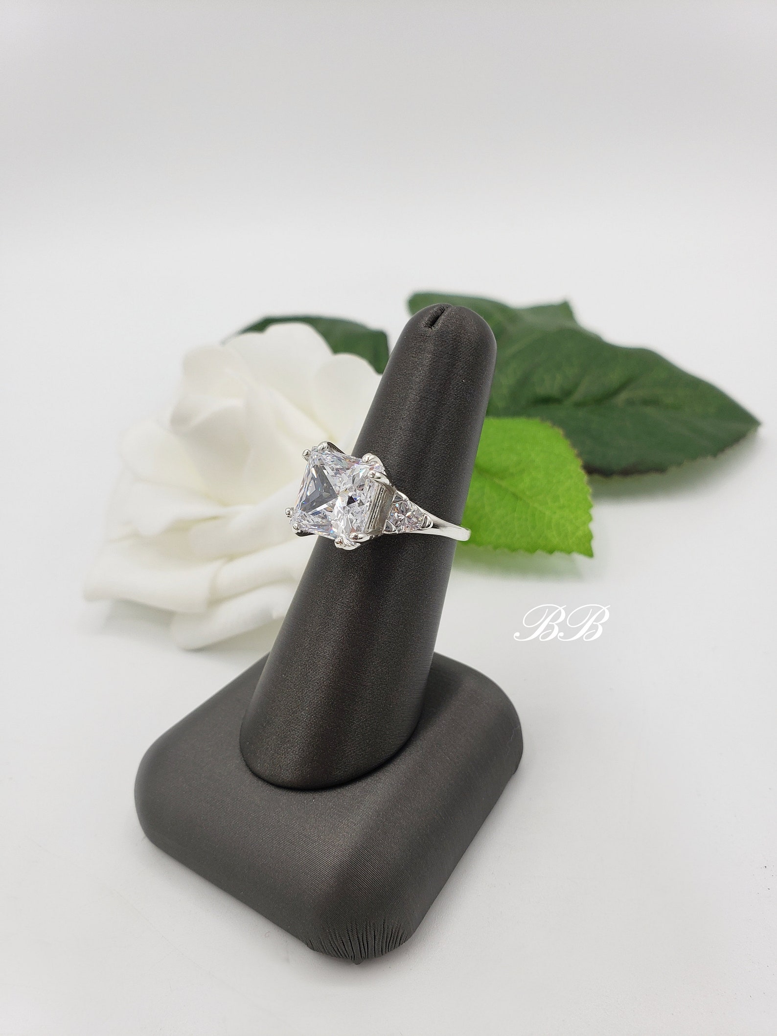 8mm - 10mm Princess Cut CZ, Trillion Accented, Three Stone Ring, 6A ...