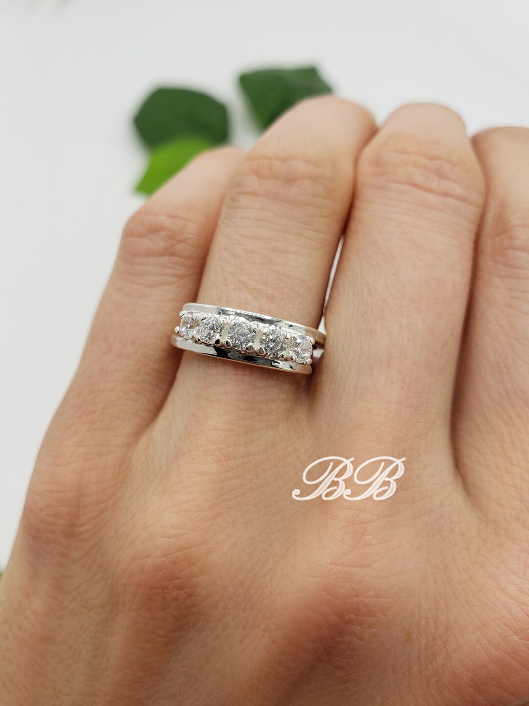 3MM Five Stone Round Bypass Wedding Band, 6A Quality Cubic Zirconia or ...