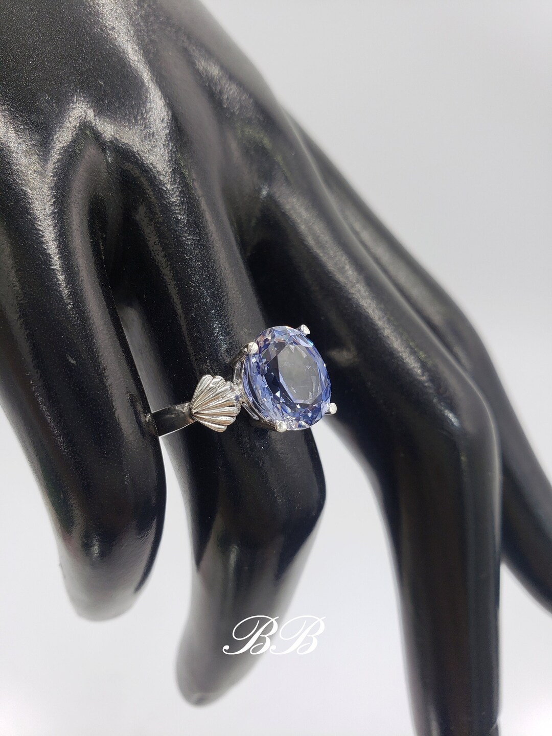 10x8mm Lab Created Ceylon Blue Sapphire, Oval Cut, Seashell Ocean Themed Ring, Sterling Silver ...