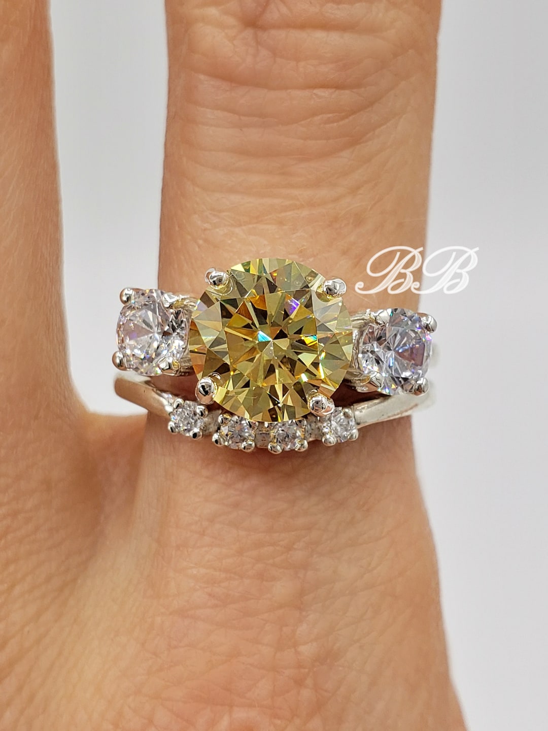 9MM Canary Yellow Three Stone Engagement Wedding Ring Set, 5A Quality ...