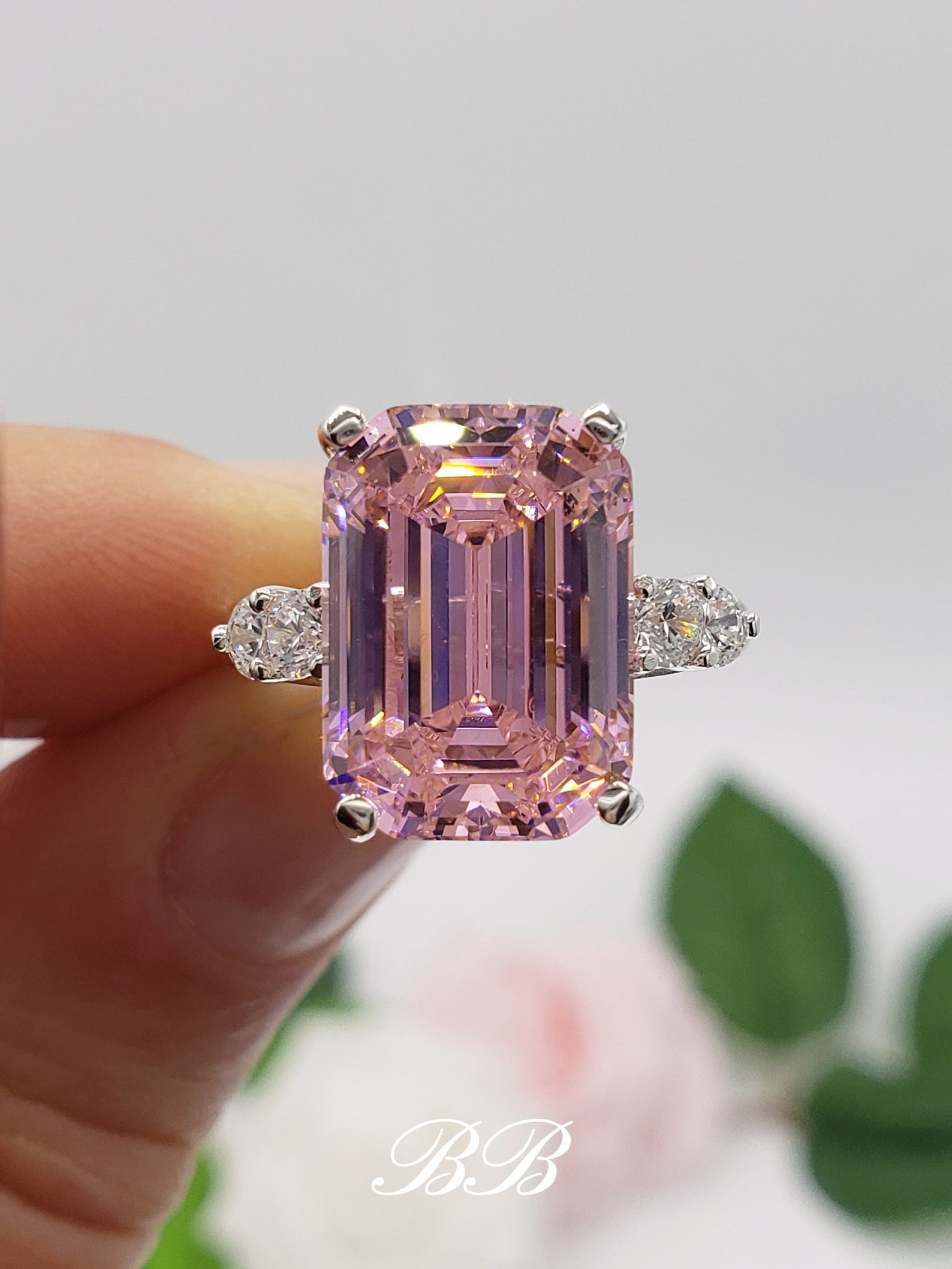 14x10mm Pink Elongated Asscher Cut CZ, Multi-stone Engagement Wedding ...