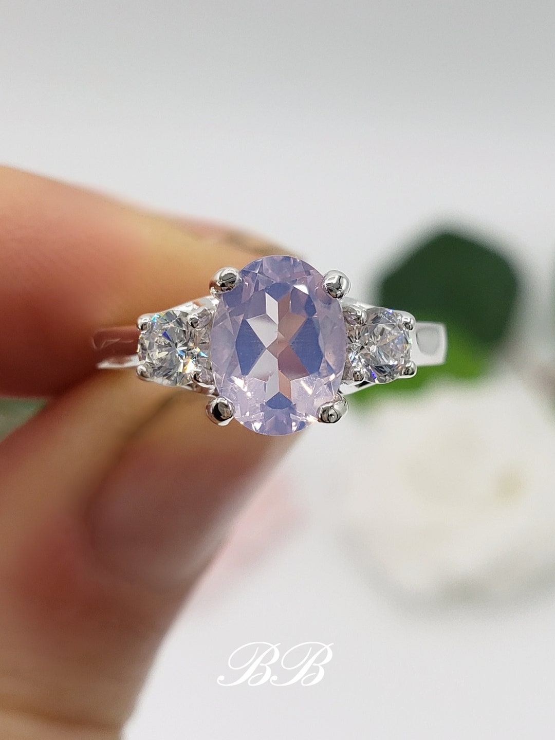 8x6mm Natural Lavender Moon Quartz, Three Stone Trellis Ring, Choice of ...