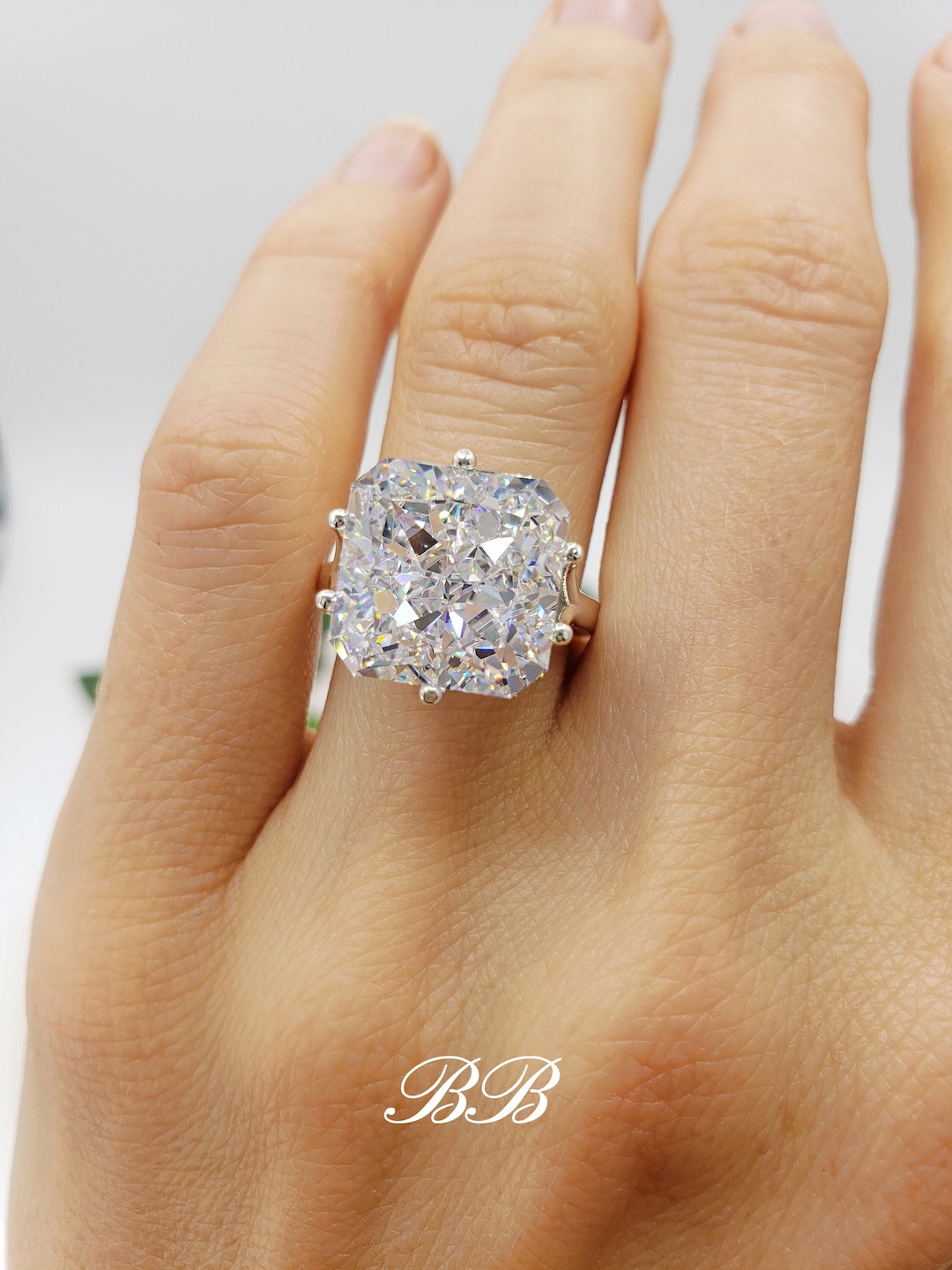 10mm-12mm White Crushed Ice, Radiant Square Cut, 6-prong Solitaire Statement Ring, 5A Quality ...