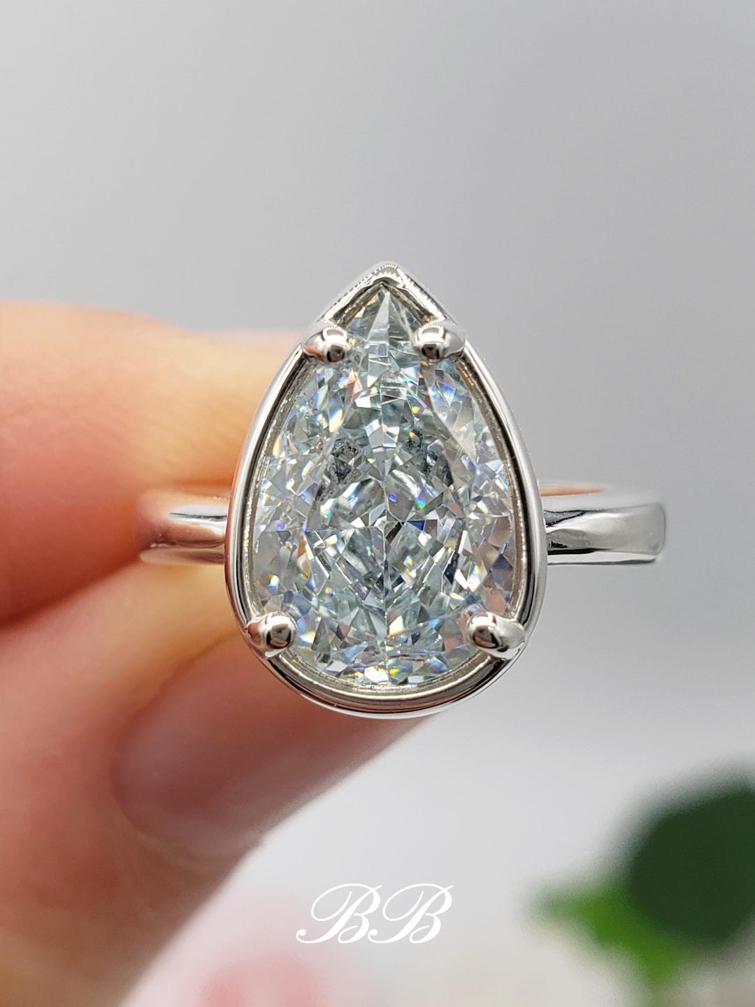 12x8mm Ice Blue Crushed Ice Pear Cut, Bezel Look Solitaire Ring, 5A ...