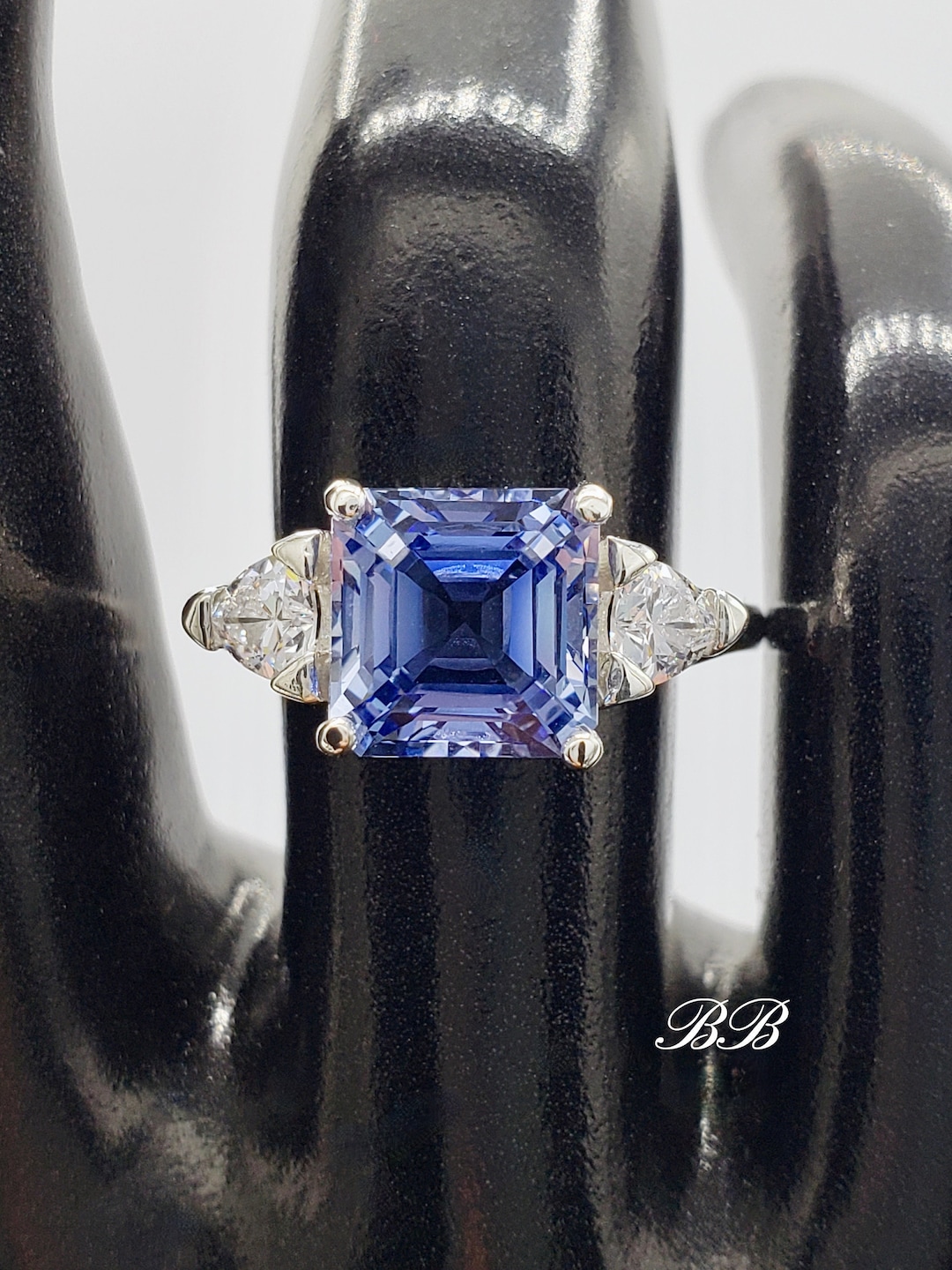 8mm Lab Ceylon Blue Sapphire, Asscher Cut, Three Stone Ring, 925 Unplated Sterling Silver or ...