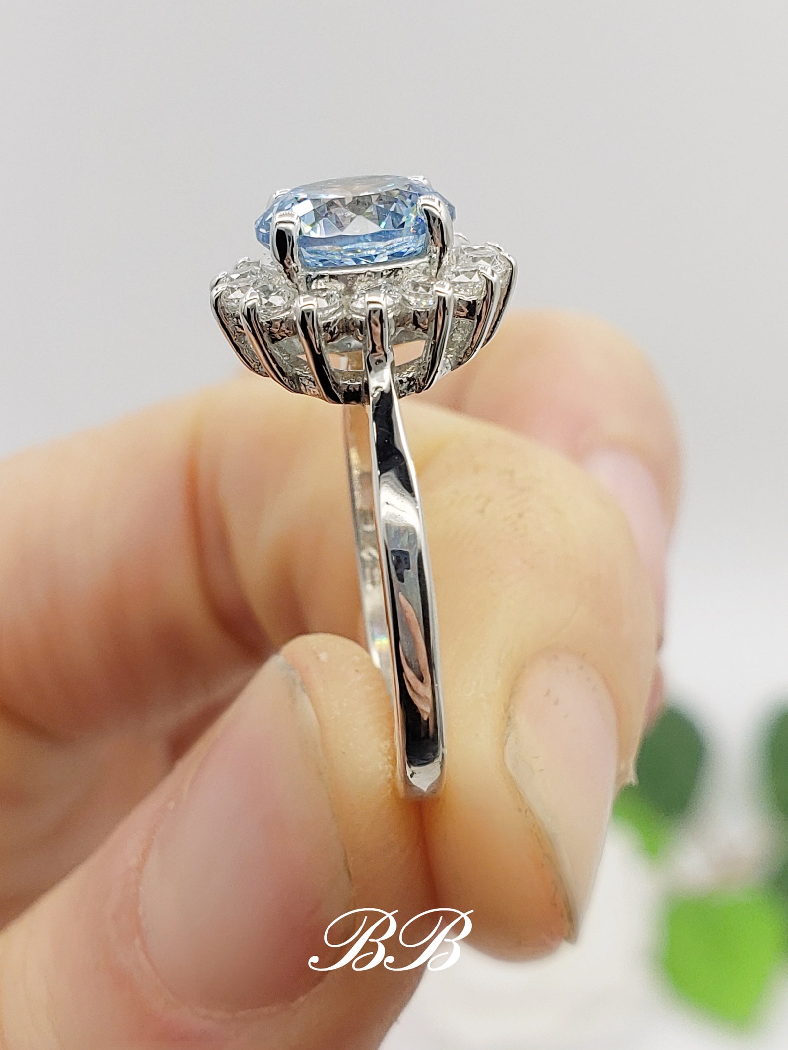 8mm Very Light Blue Portuguese Cut Halo Ring, 5A Quality Cubic Zirconia ...