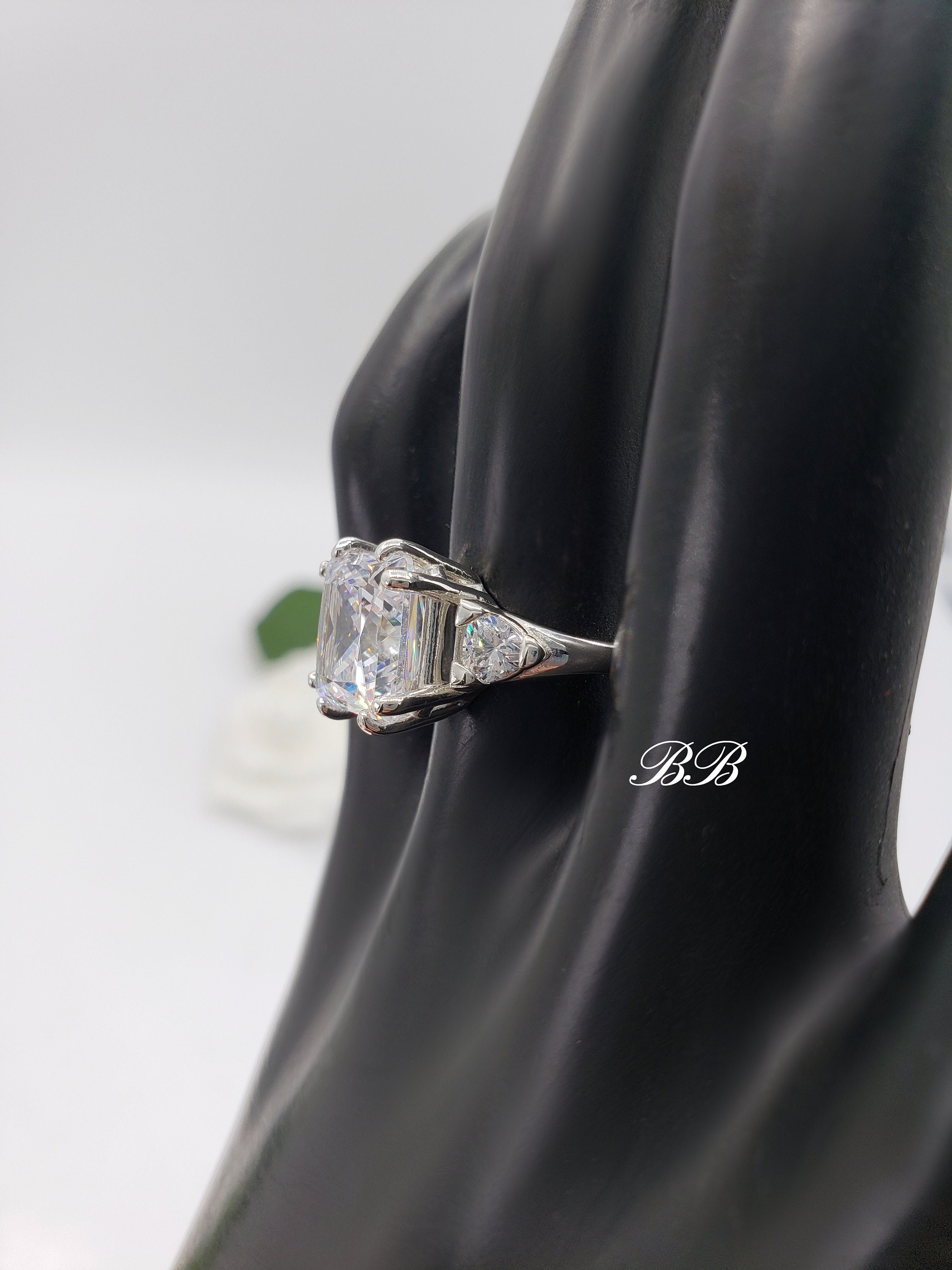 8mm - 10mm Princess Cut CZ, Trillion Accented, Three Stone Ring, 6A ...