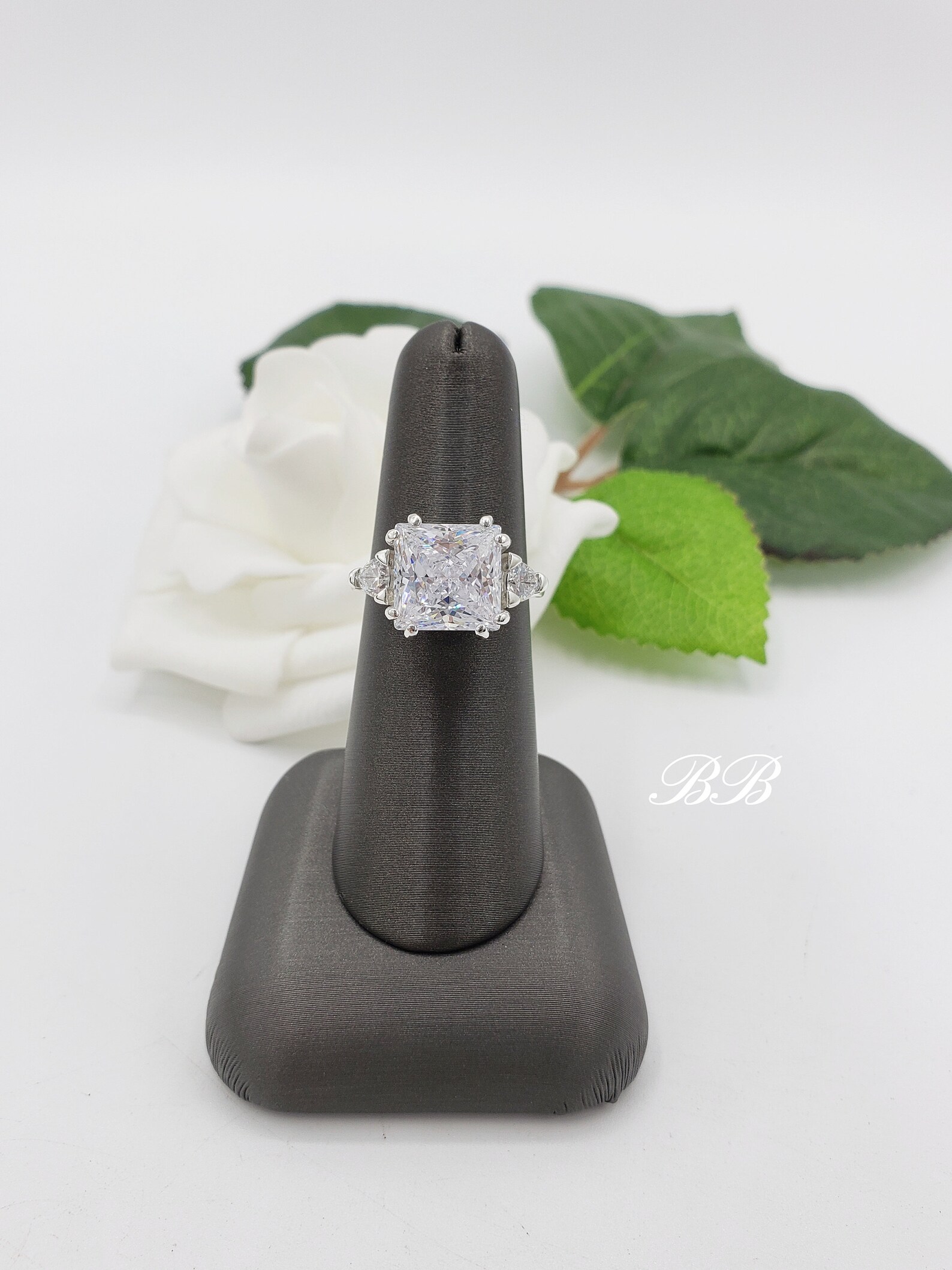 8mm - 10mm Princess Cut CZ, Trillion Accented, Three Stone Ring, 6A ...