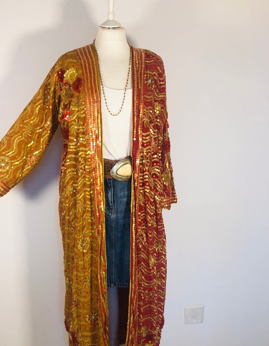 Boho Vintage Kimono,gold Sequinned Jacket,beaded Evening Coat,unique ...