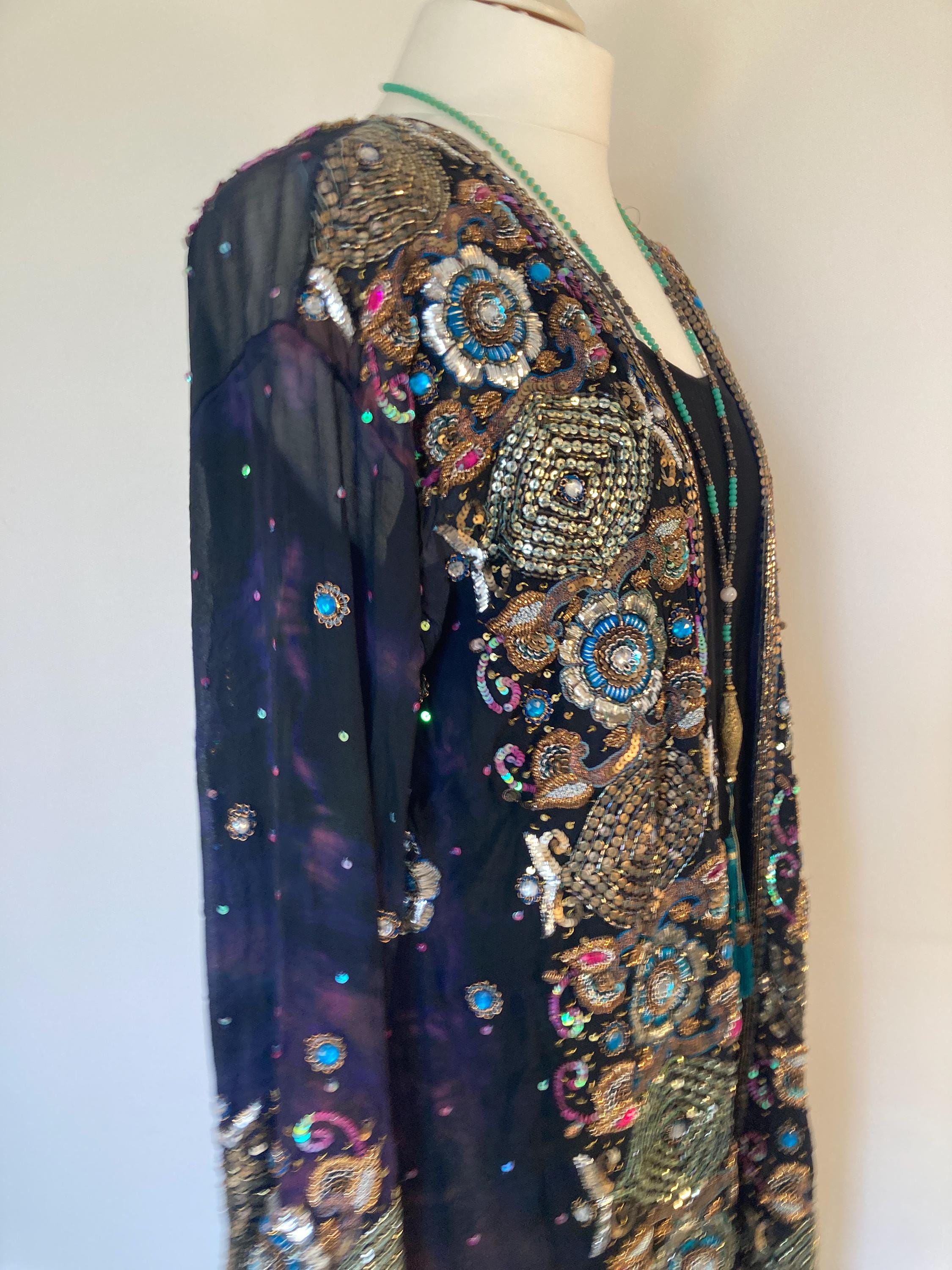 Boho Tie Dyed Kimono,vintage Sequinned Jacket,beaded Festival Jacket ...