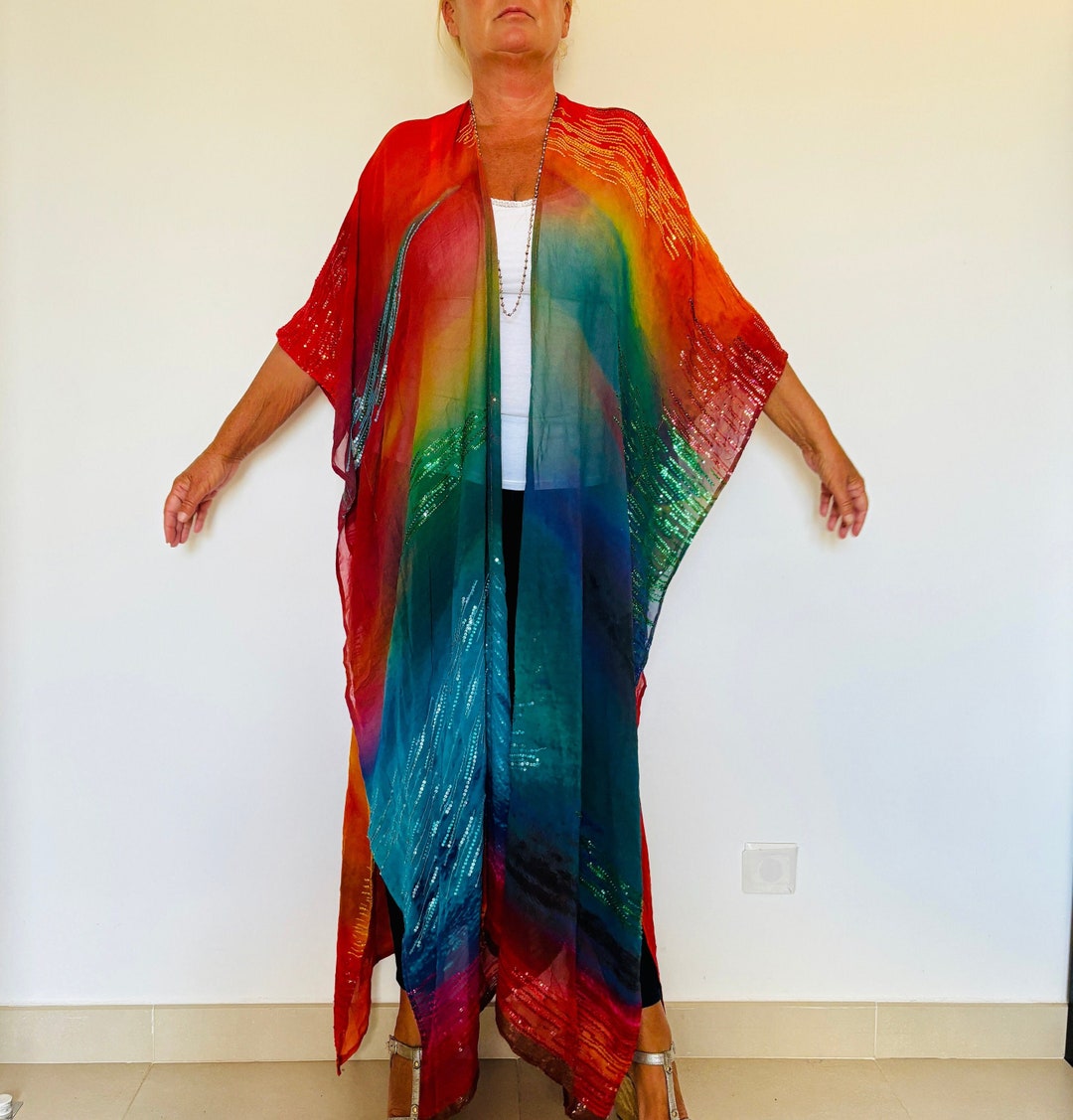 Boho Rainbow Tie Dyed Kimono,long Beaded Jacket,embellished Cover Up ...