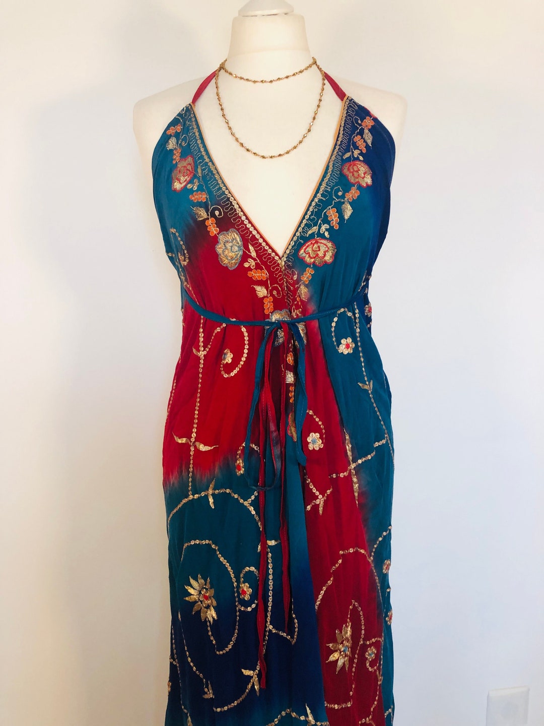 Boho Sequinned Dress,red Party Dress,beaded Dress ,embroidered Silk ...