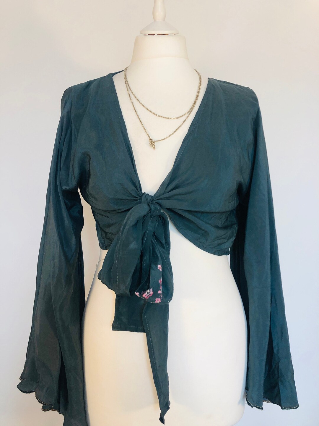 Boho Embroidered Wrap, Tie Front Top ,60s 70s Hippy Blouse, Silk Kimono ...