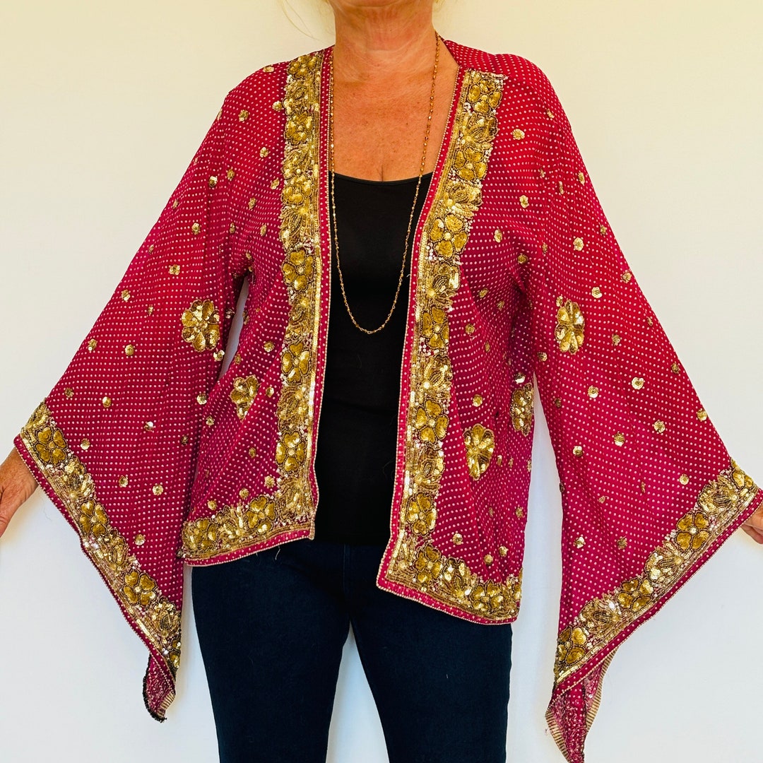 Boho Sequinned Kimono,unique Beaded Duster,pink and Gold Embellished ...