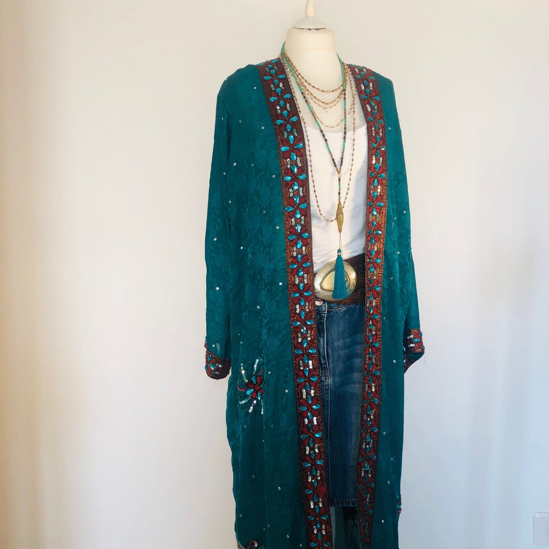 Boho Vintage Beaded Duster,sequinned Teal Jacket,embellished Kimono,70s ...